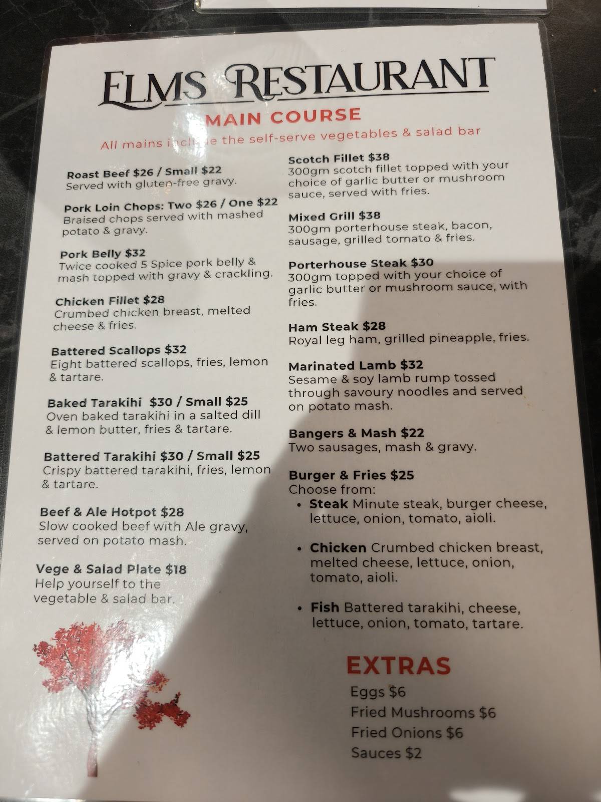 Menu at Elms Restaurant, Whanganui