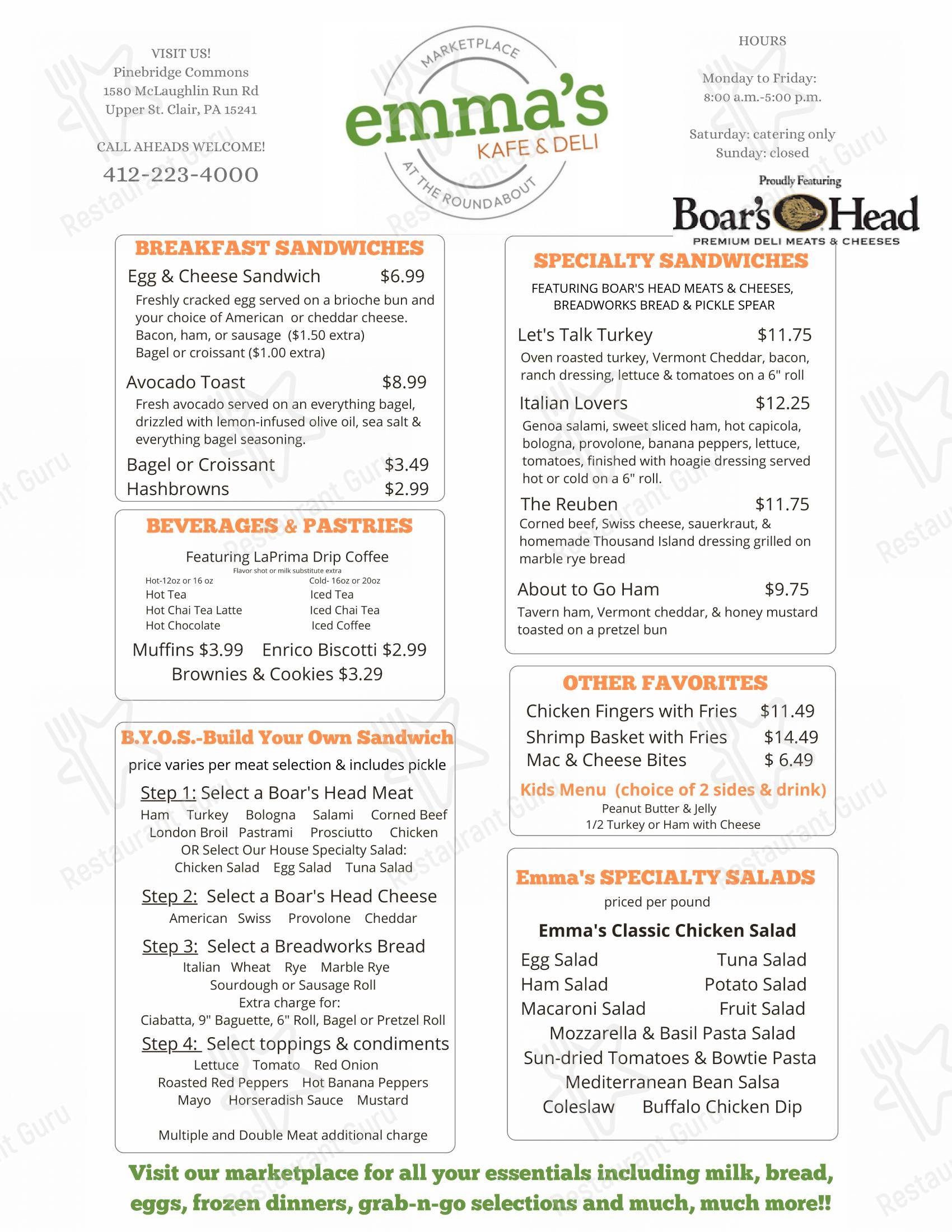 Menu at Emma's Market & Deli, Pittsburgh