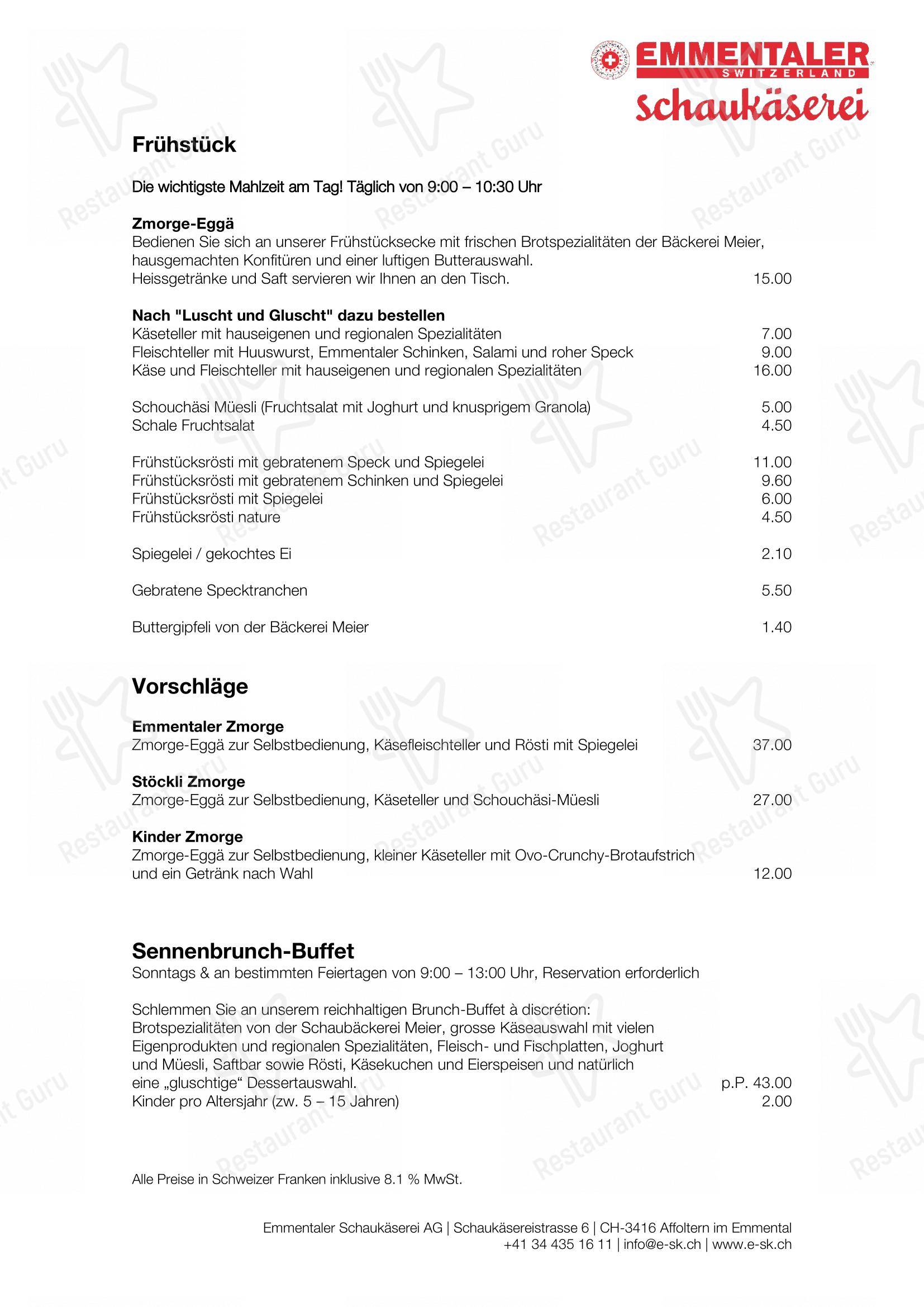 Speisekarte von Emmentaler Schaukäserei, Affoltern im Emmental ...