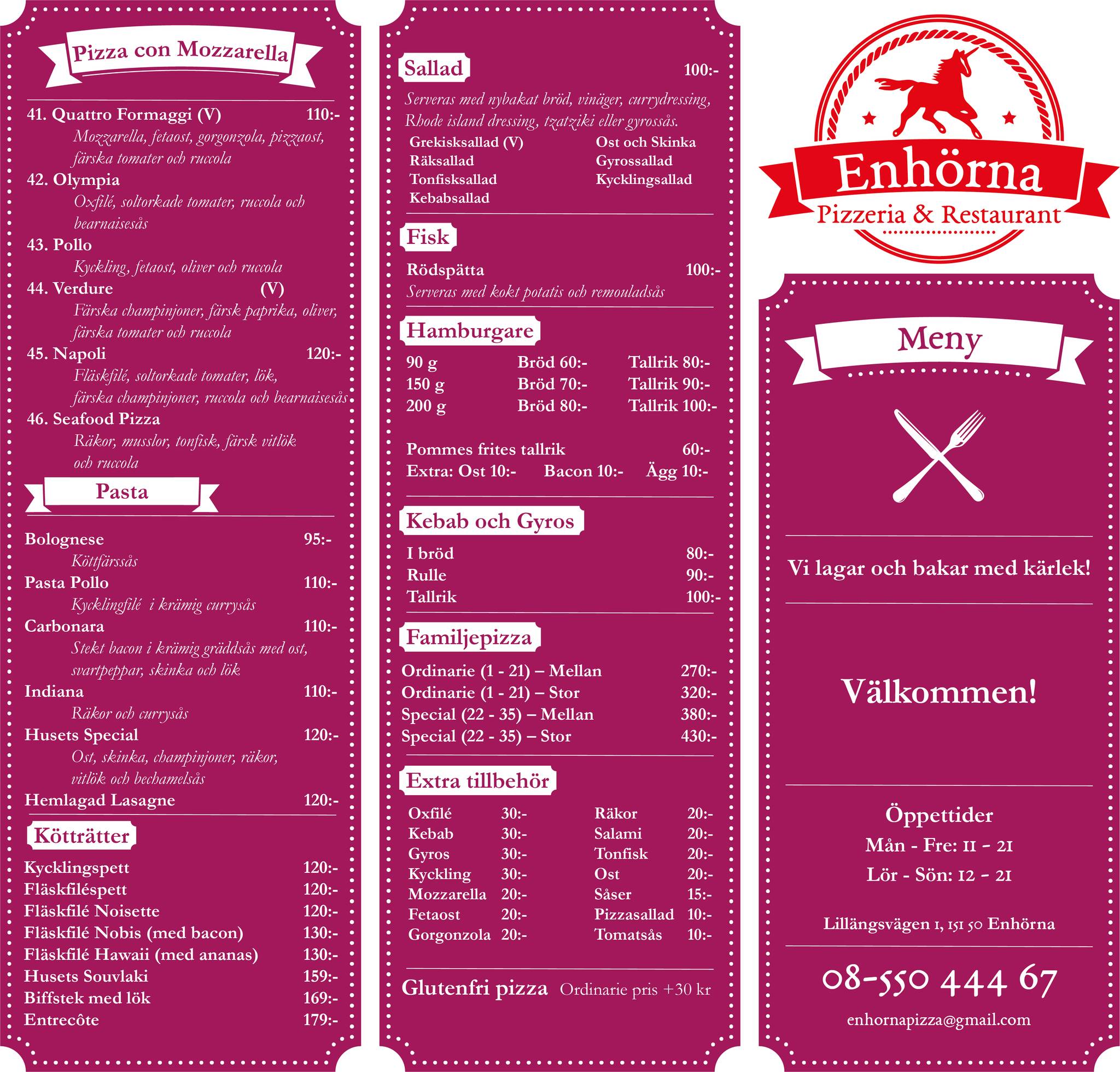 Menu at Enhörna Pizzeria, Södertälje