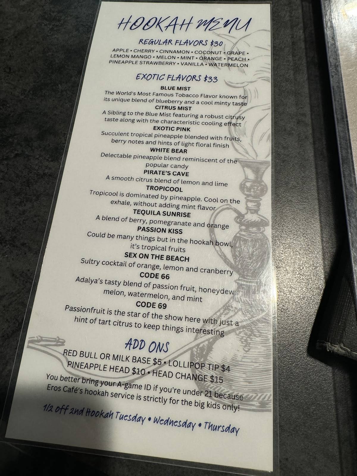 Carta de Eros Cafe, East Rutherford, 168 Union Ave