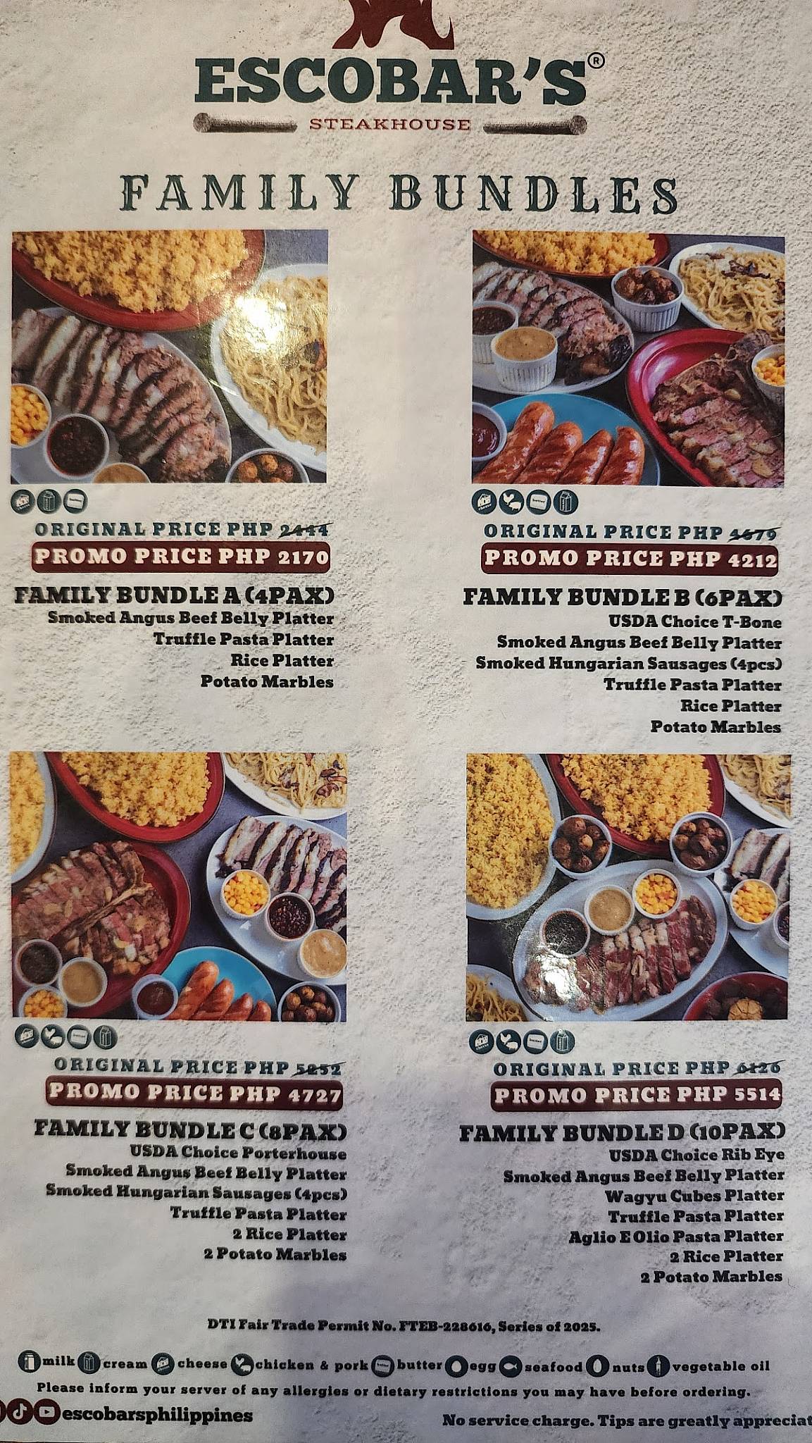Menu at Escobar’s Steakhouse, Quezon City
