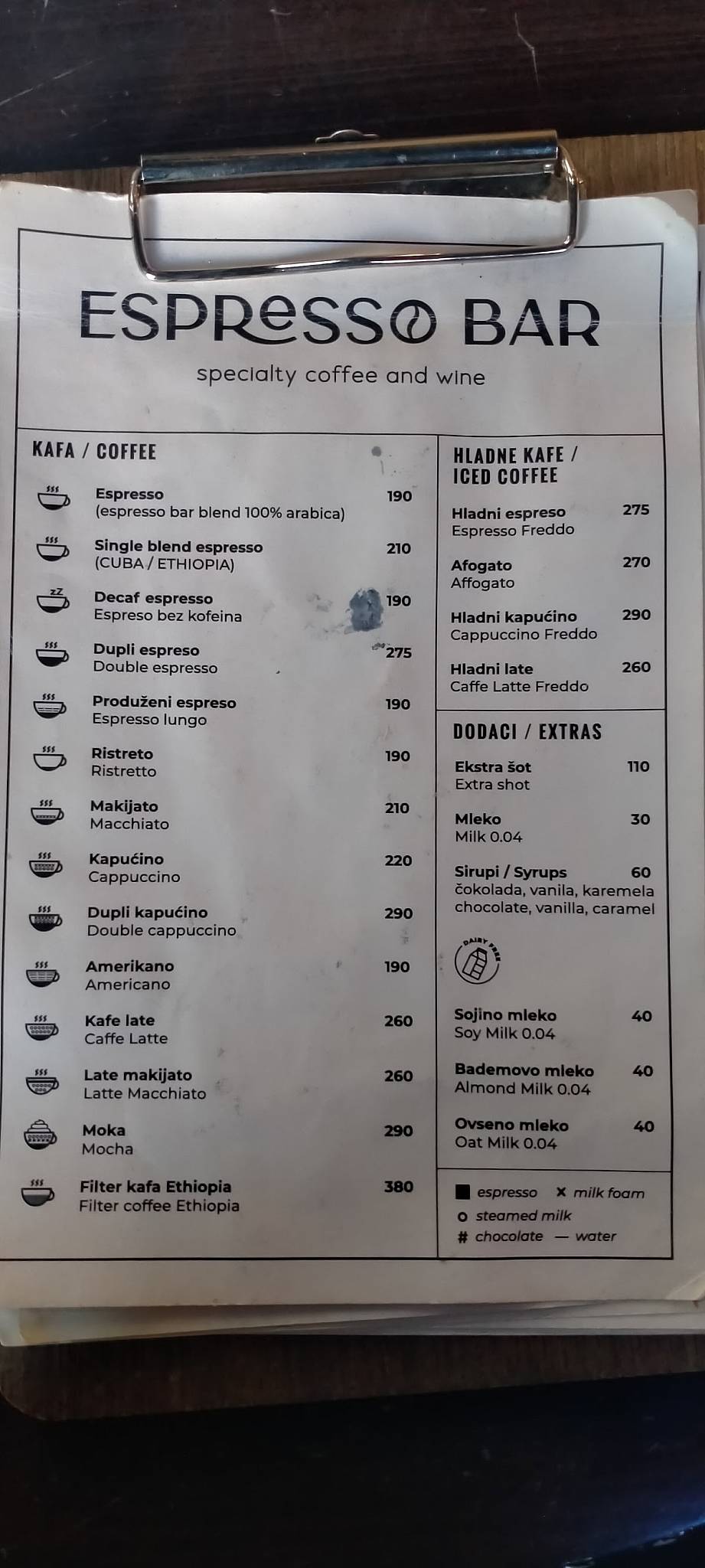 Speisekarte von Espresso bar, Belgrad
