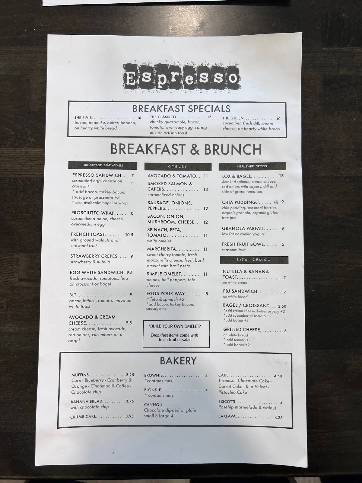 Menu at Espresso cafe, Havertown