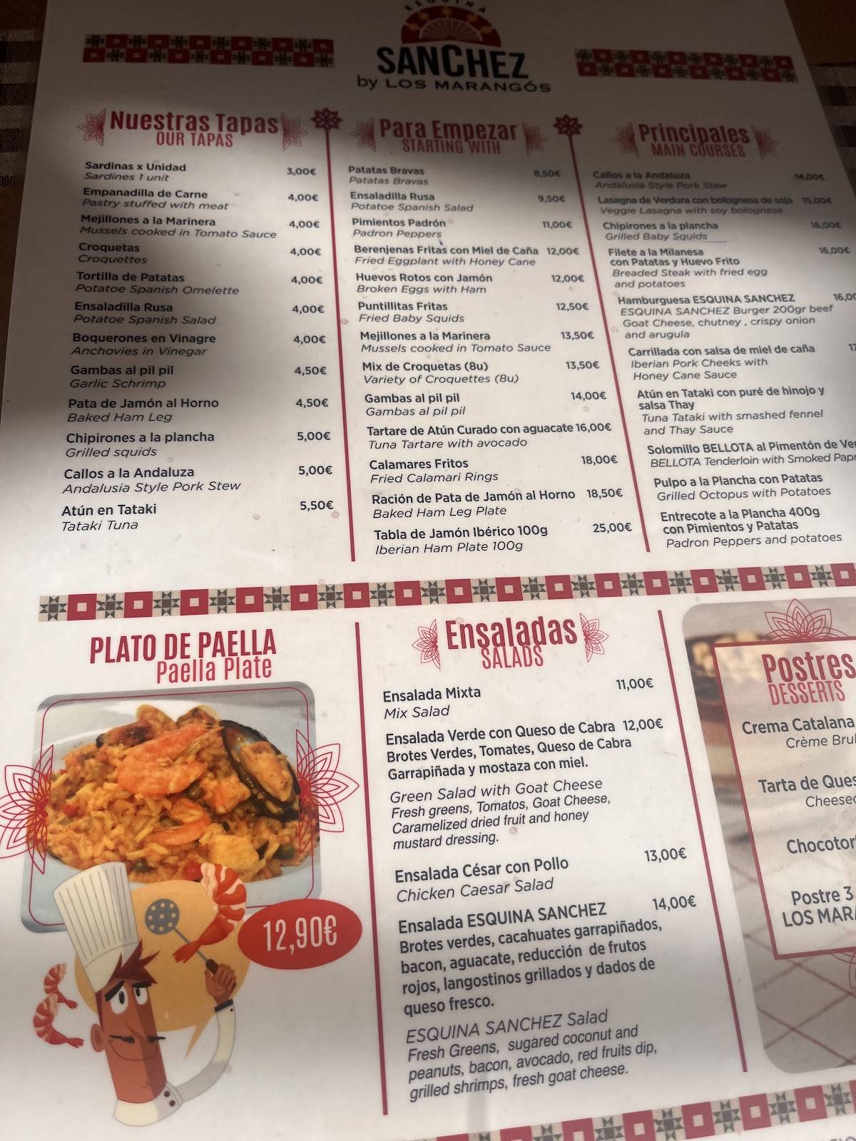 Menu at Esquina Sanchez restaurant, Málaga