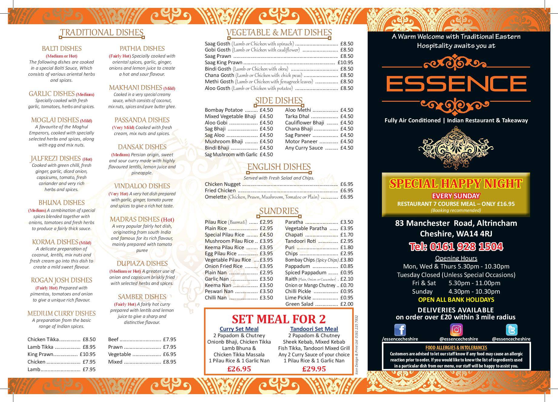Menu at Essence restaurant, Altrincham, 83 Manchester Rd