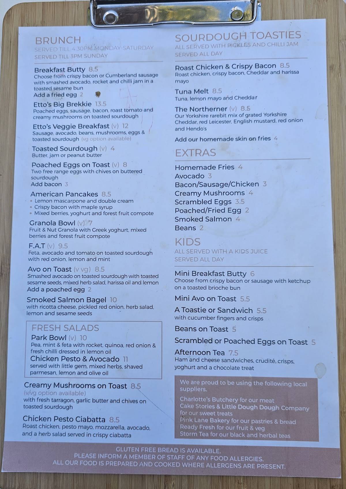 Menu at Etto on the Park restaurant, Newcastle upon Tyne