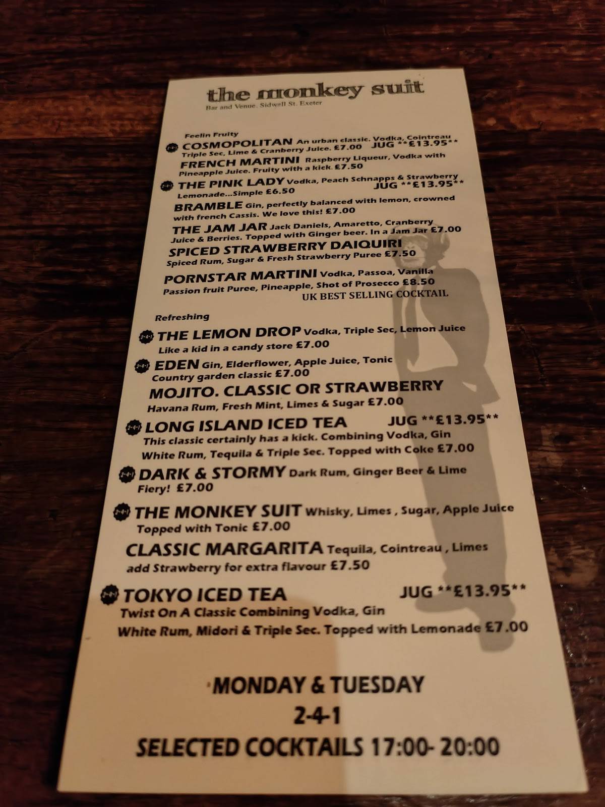 Menu at The Monkey Suit pub & bar, Exeter