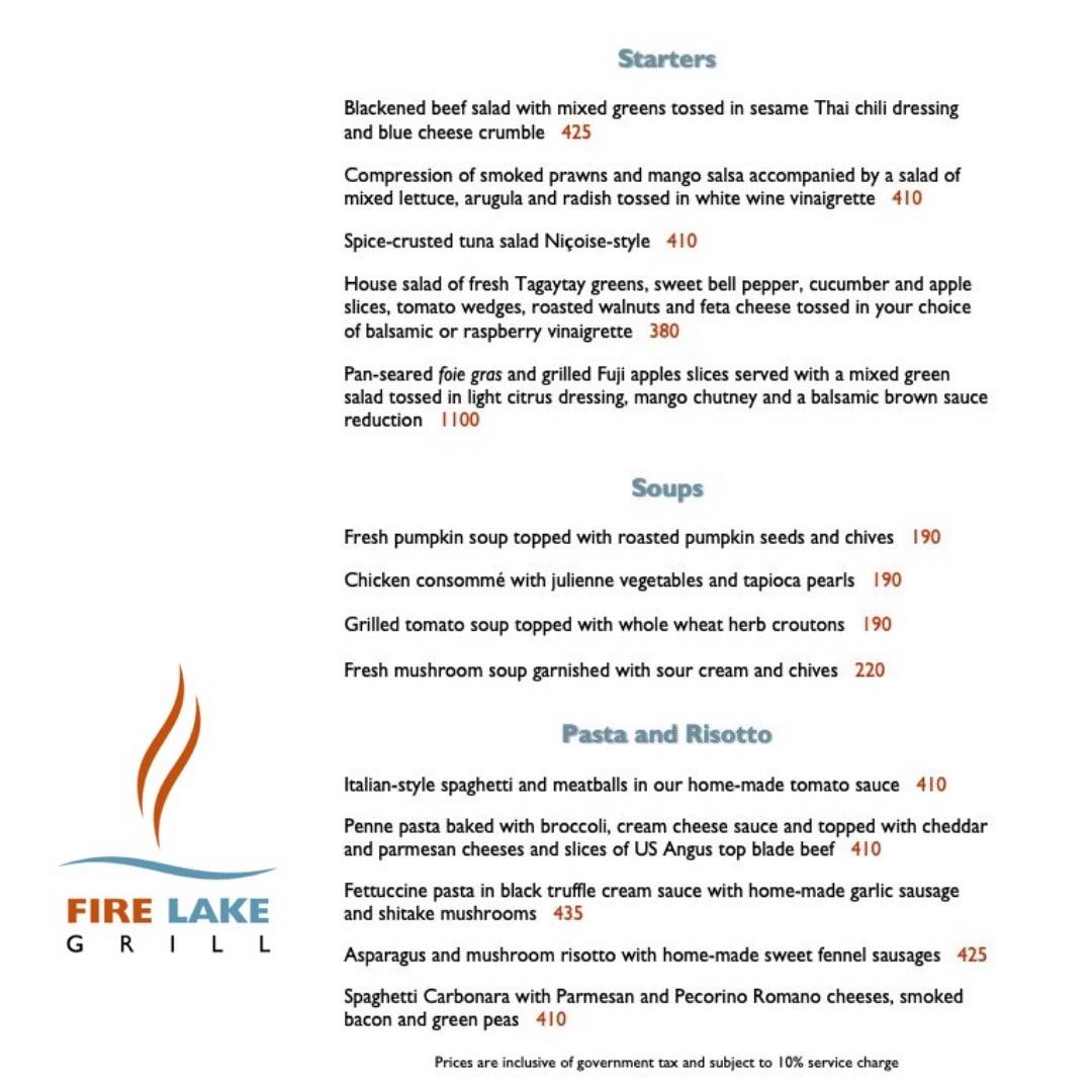 Menu at Fire Lake Grill steakhouse, Tagaytay