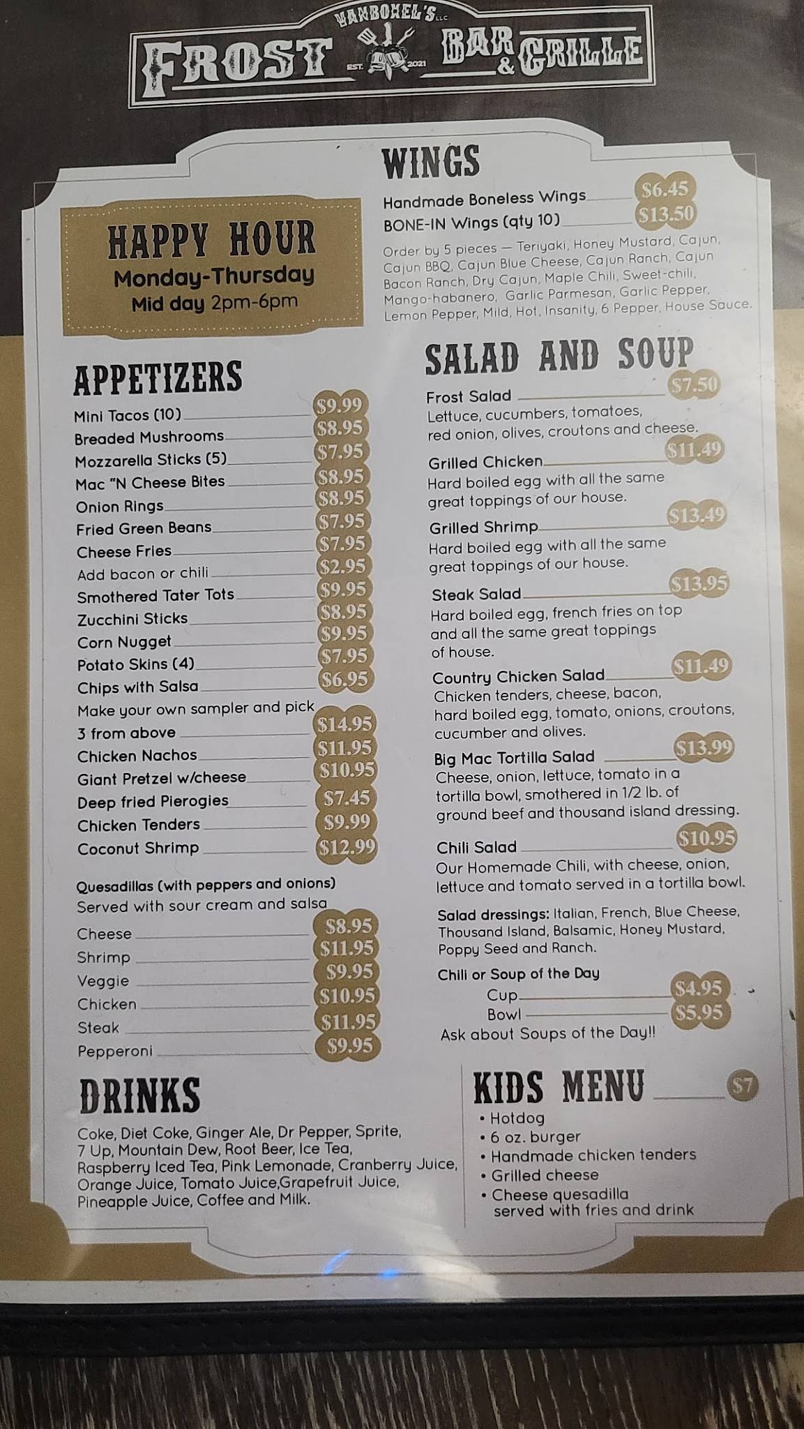 Menu at FROST BAR N Grille, Middlefield