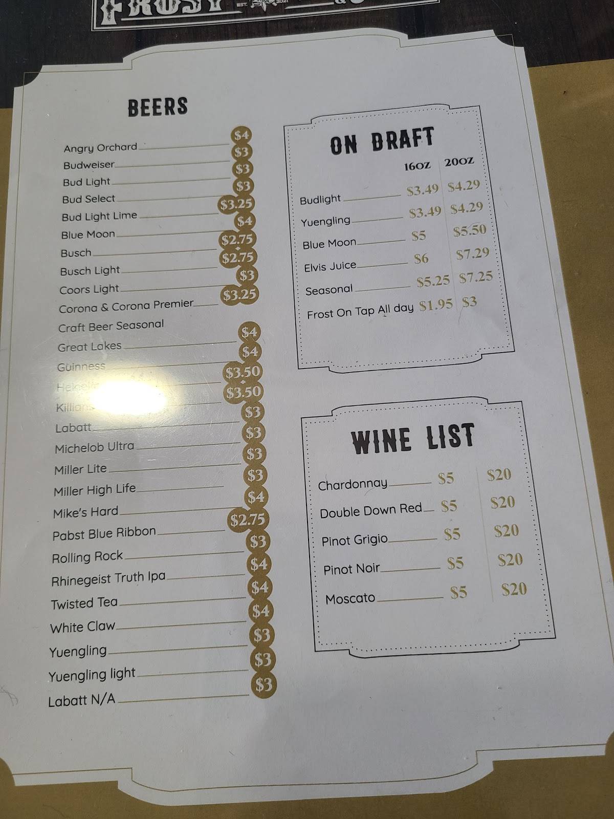 Menu at FROST BAR N Grille, Middlefield