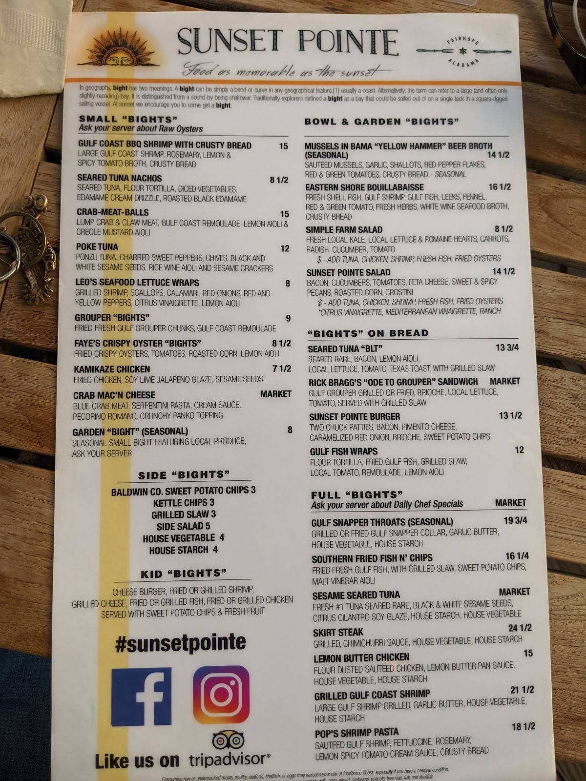 Menu at Sunset Pointe at Fly Creek Marina pub & bar, Fairhope