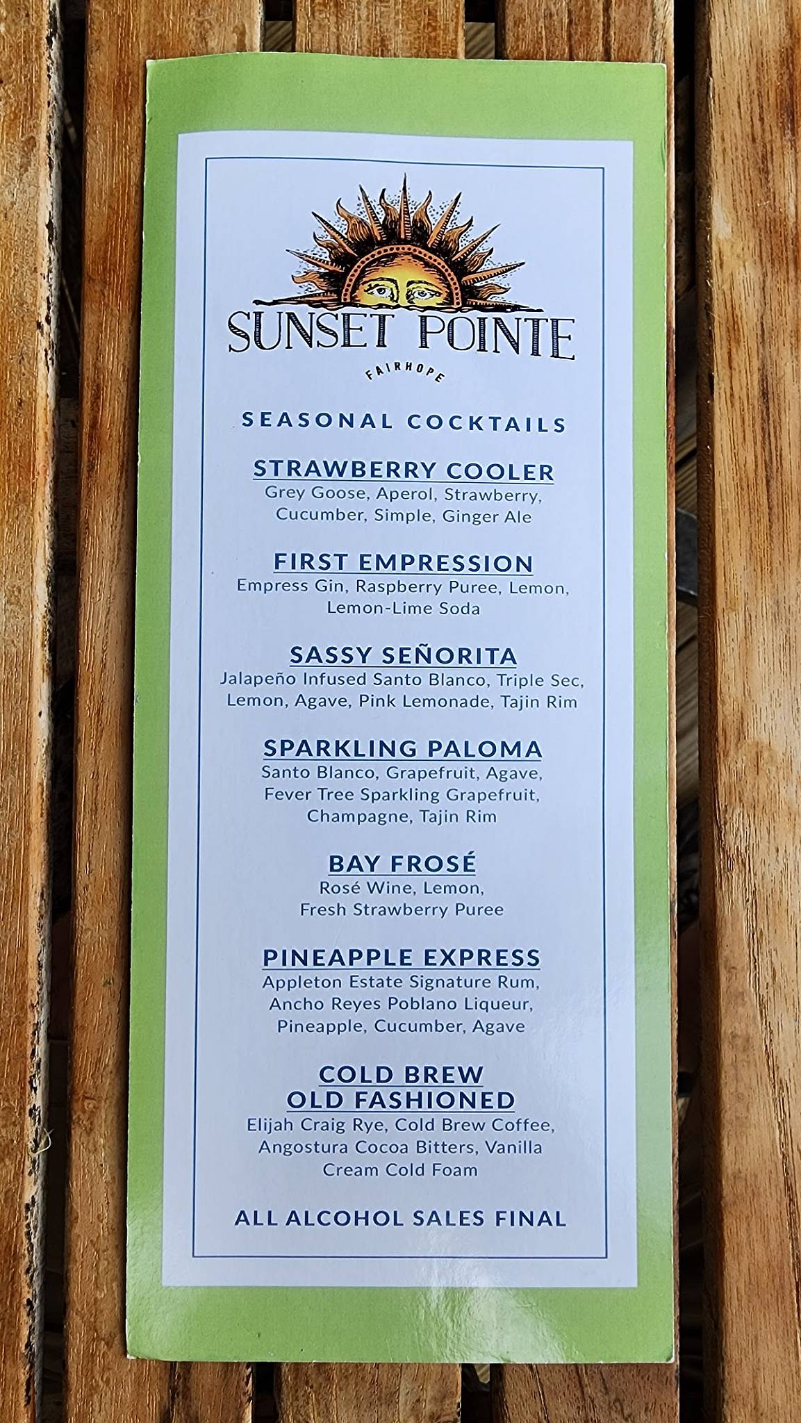 Menu at Sunset Pointe at Fly Creek Marina pub & bar, Fairhope