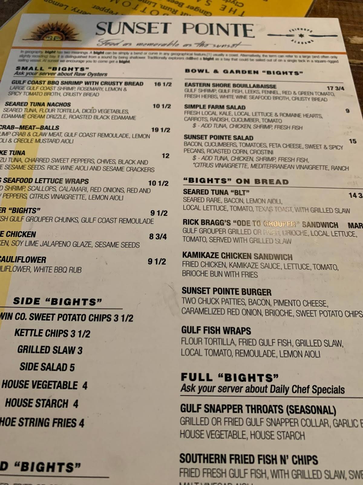Menu at Sunset Pointe at Fly Creek Marina pub & bar, Fairhope