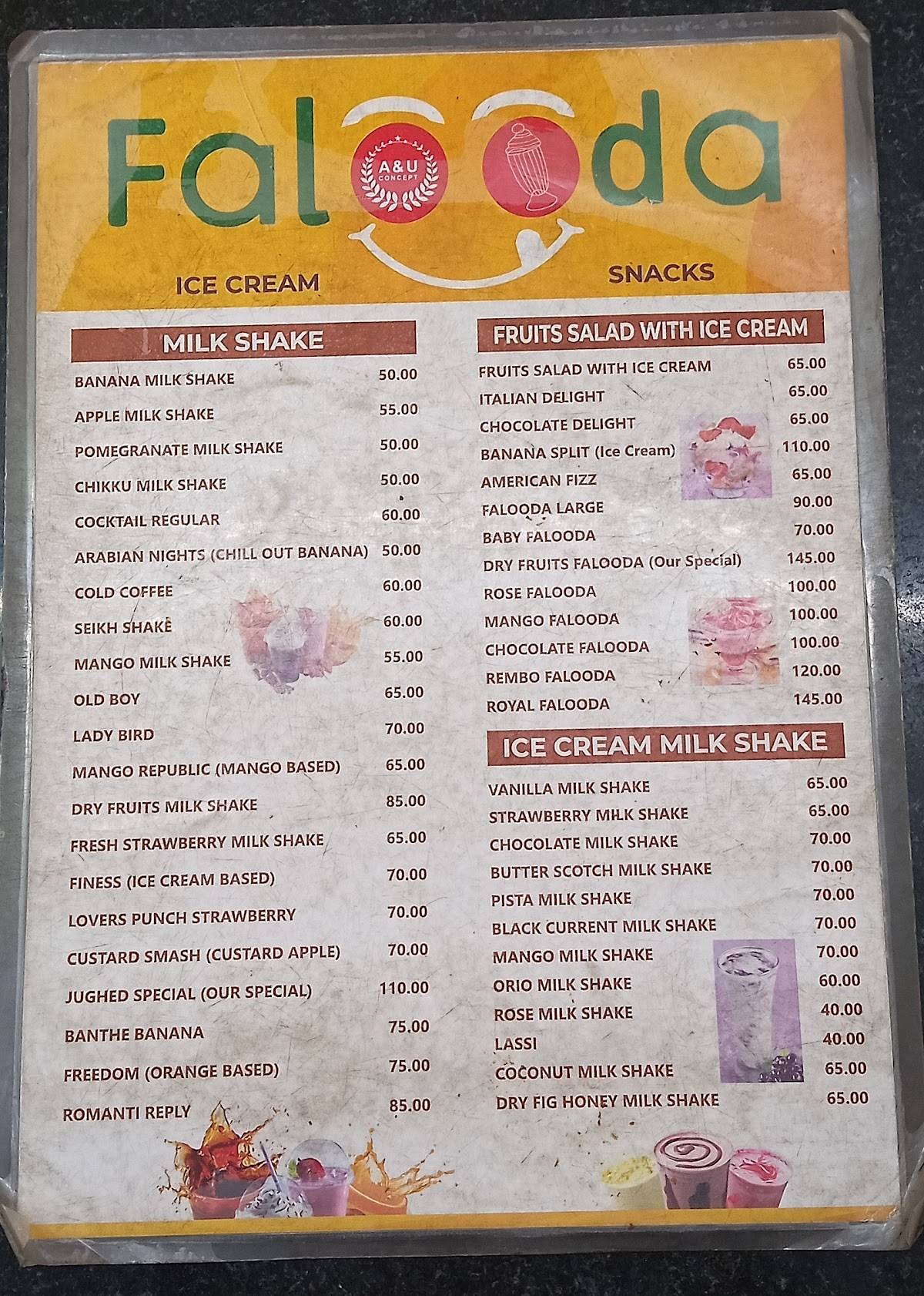 Menu at Falooda ice creams and snacks, Chennai
