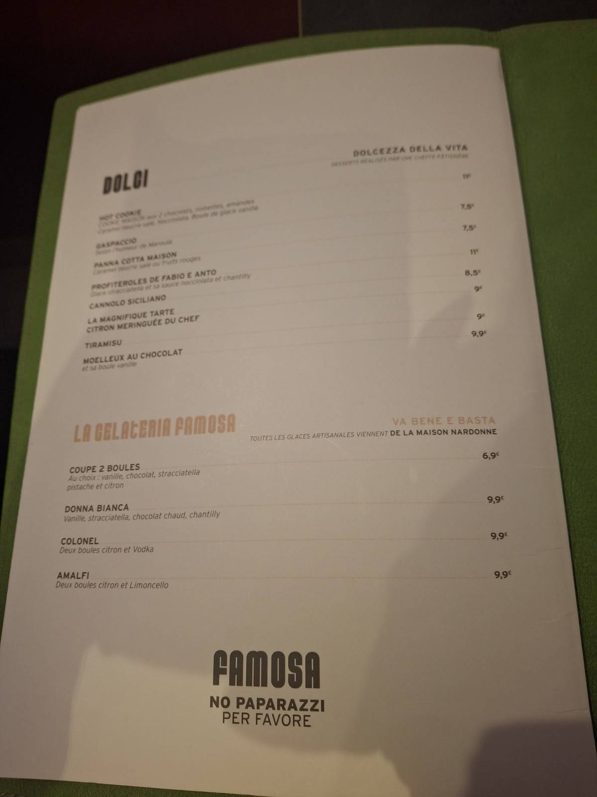 Menu au Famosa • Aperitivo • Restaurant italien • FabioeAnto, Lyon