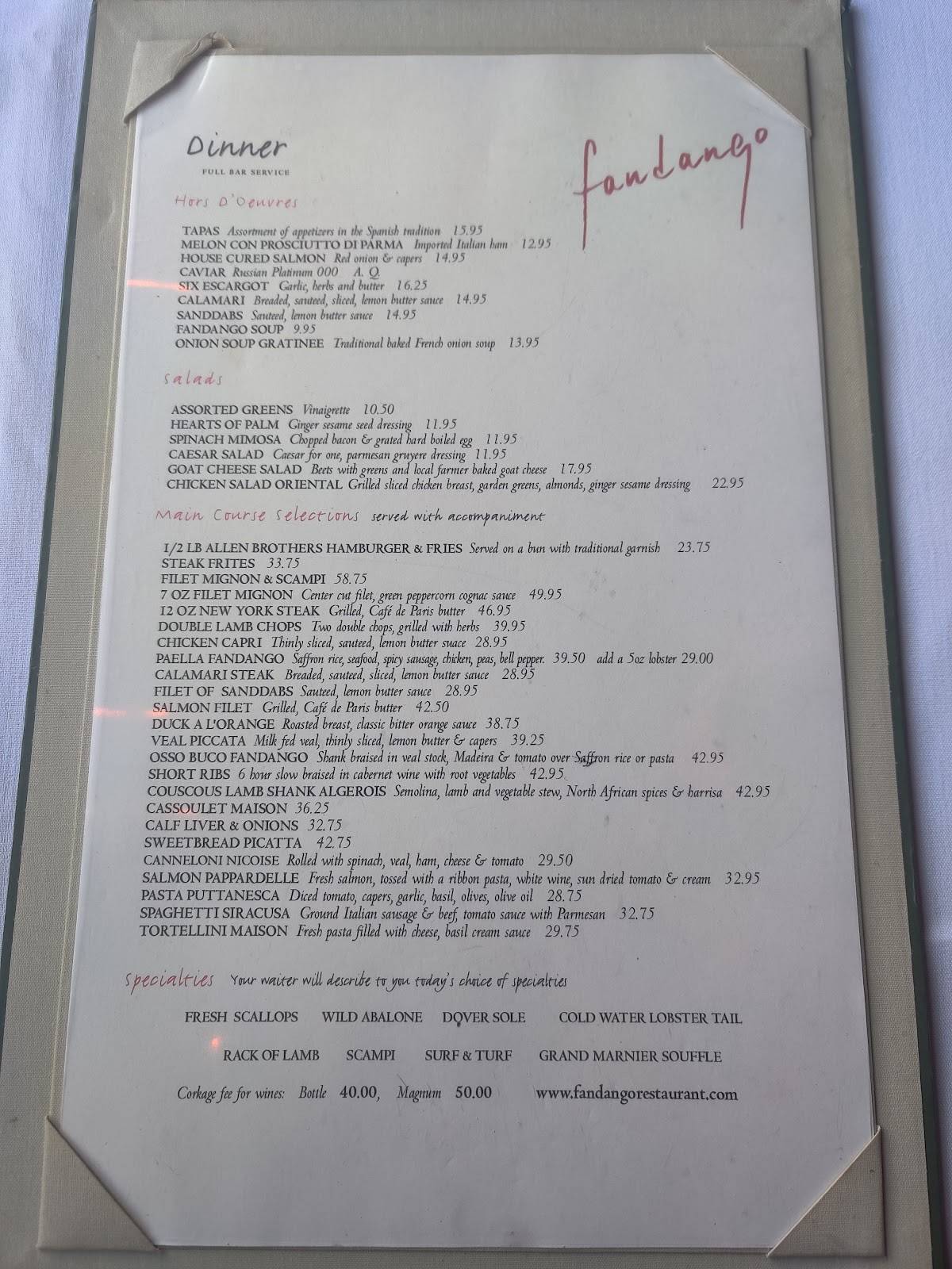 Menu at Fandango Restaurant, Pacific Grove