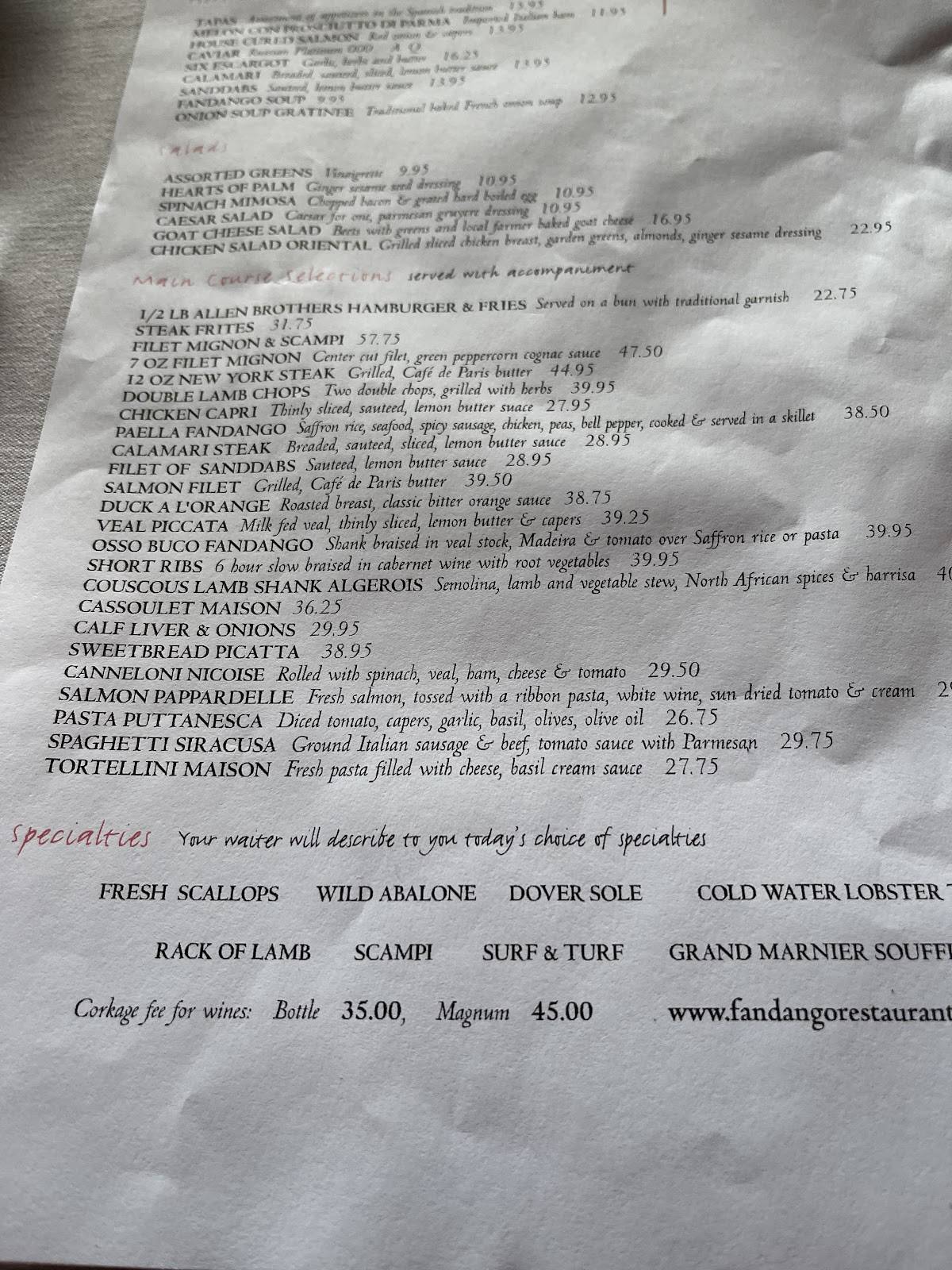 Menu at Fandango Restaurant, Pacific Grove