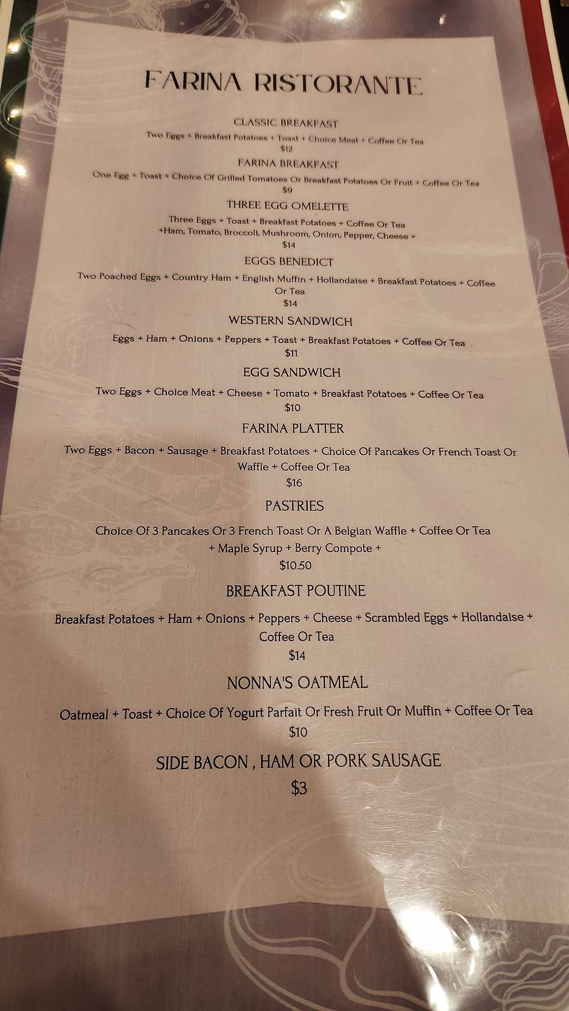 Menu au Farina Ristorante restaurant, North Bay