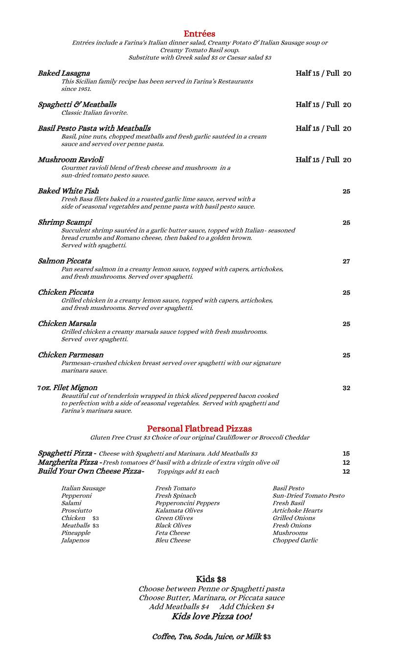 Menu at Farina's Winery & Cafe Grapevine, Grapevine