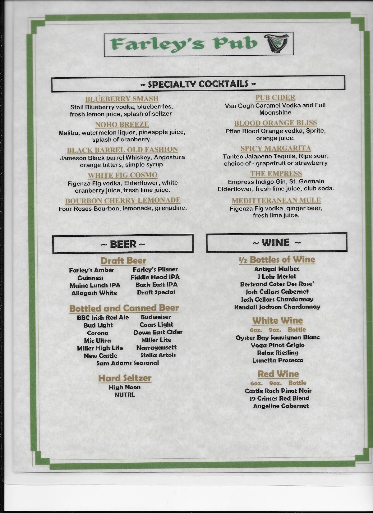 Menu at Farley's Pub, Simsbury