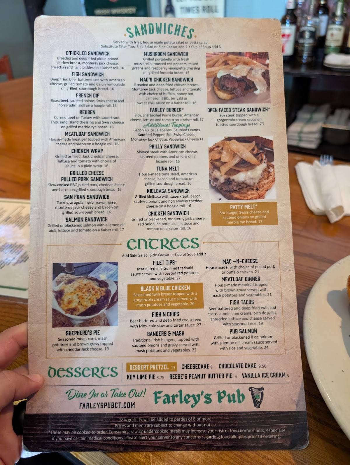 Menu at Farley's Pub, Simsbury