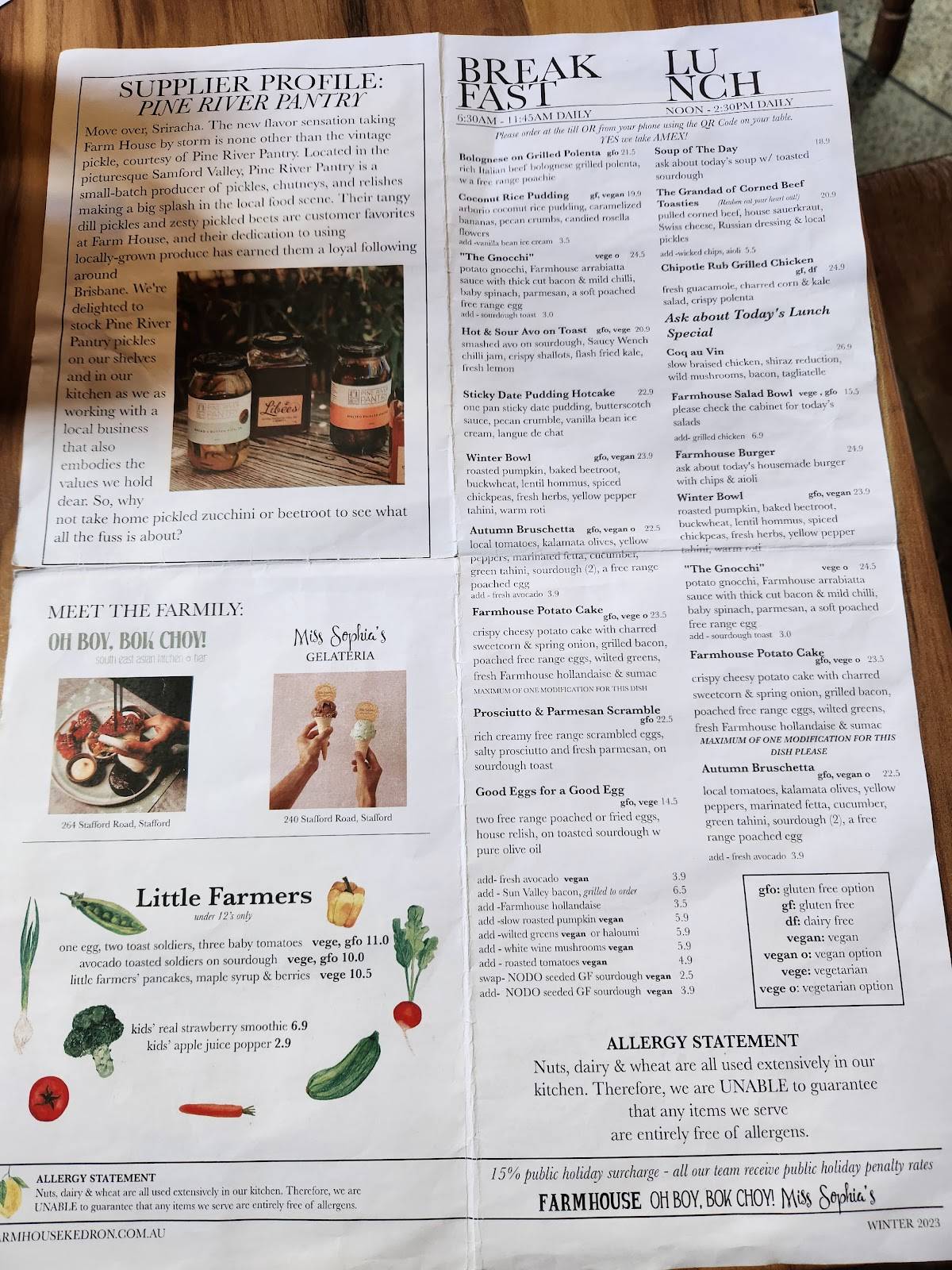Menu at Farmhouse, Kedron Cafe, Kedron