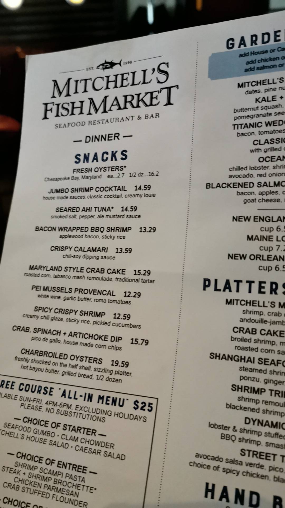 Menu at Mitchell's Fish Market pub & bar, Livonia