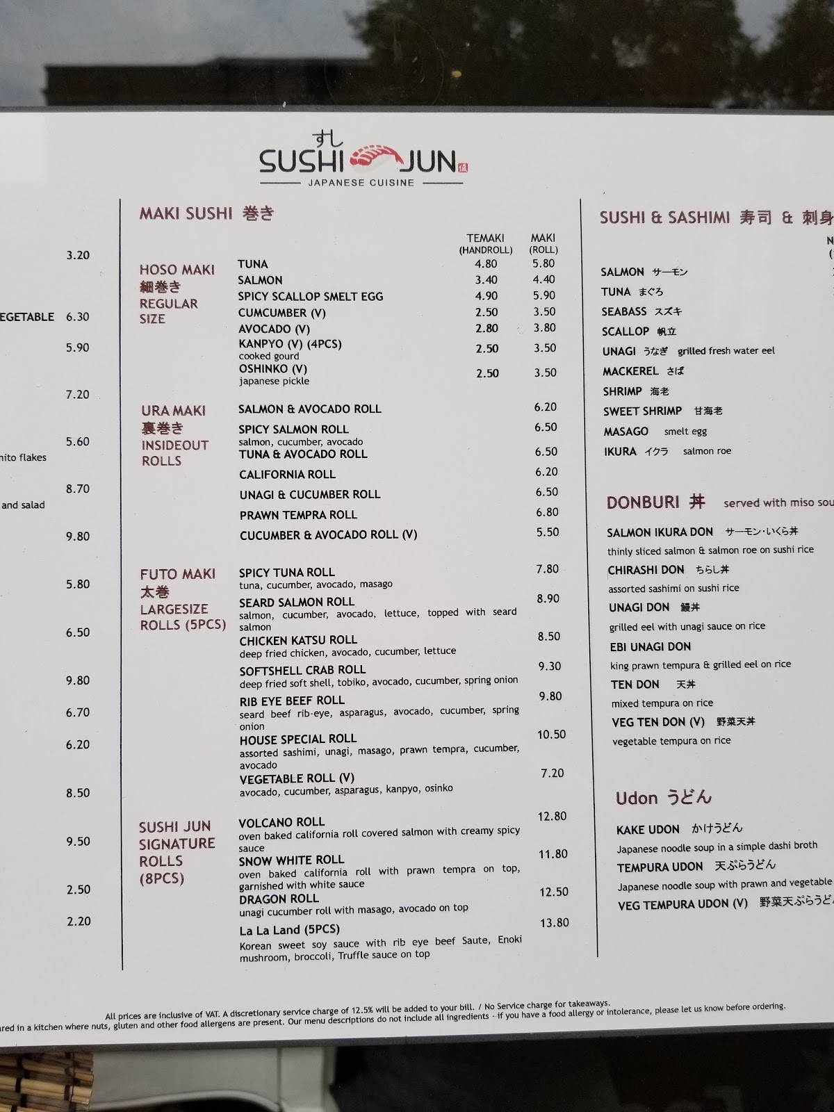 Menu at Sushi Jun restaurant, Farnham