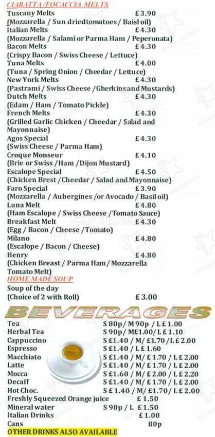 Menu at Faro cafe, London