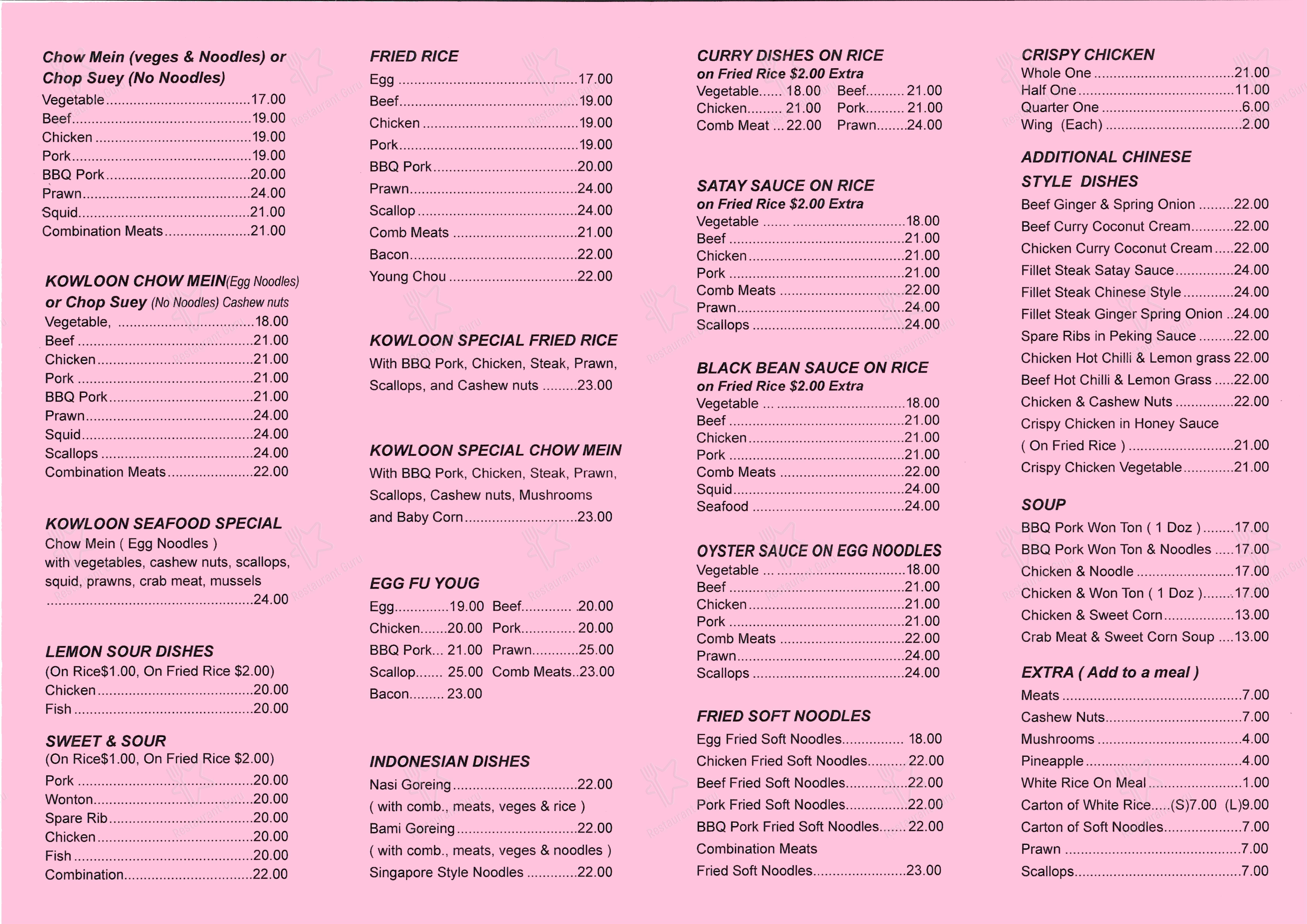 Menu at Kowloon Takeaways fast food, Auckland