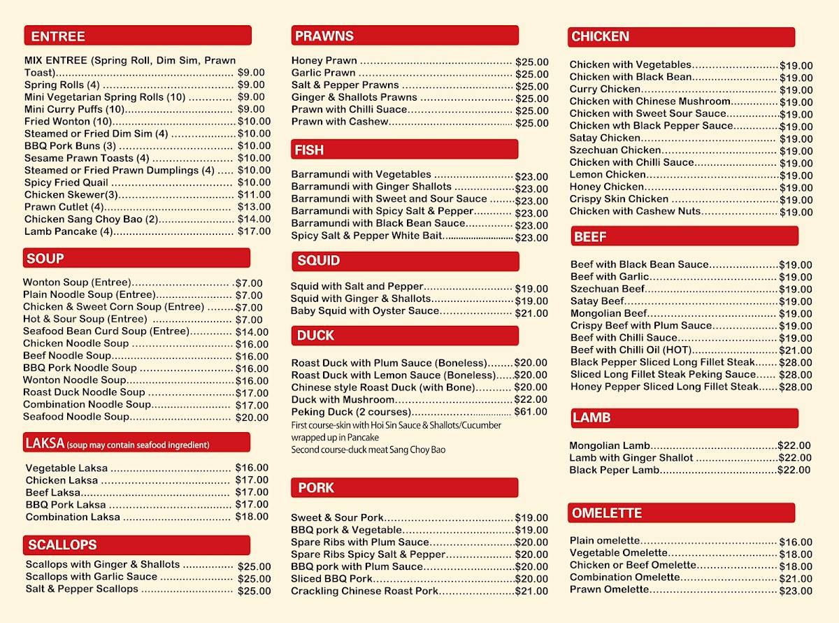 Menu at Ming Court fast food, Jingili