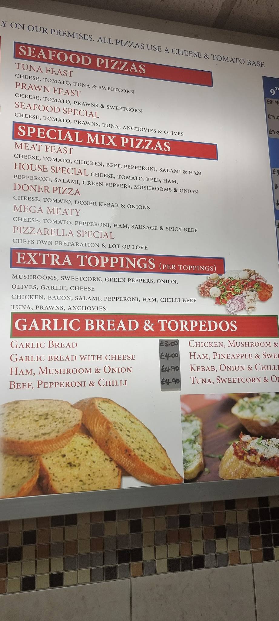 Menu at Pizzarella fast food, Ferndown
