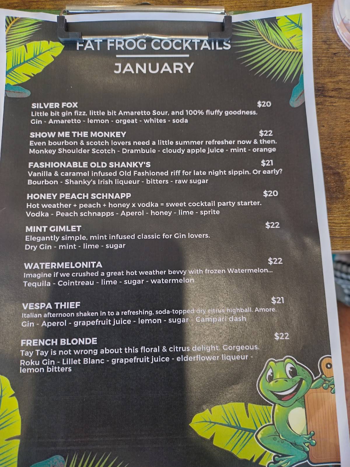 Menu at Fat Frog Kitchen & Cocktails pub & bar, Mount Gambier