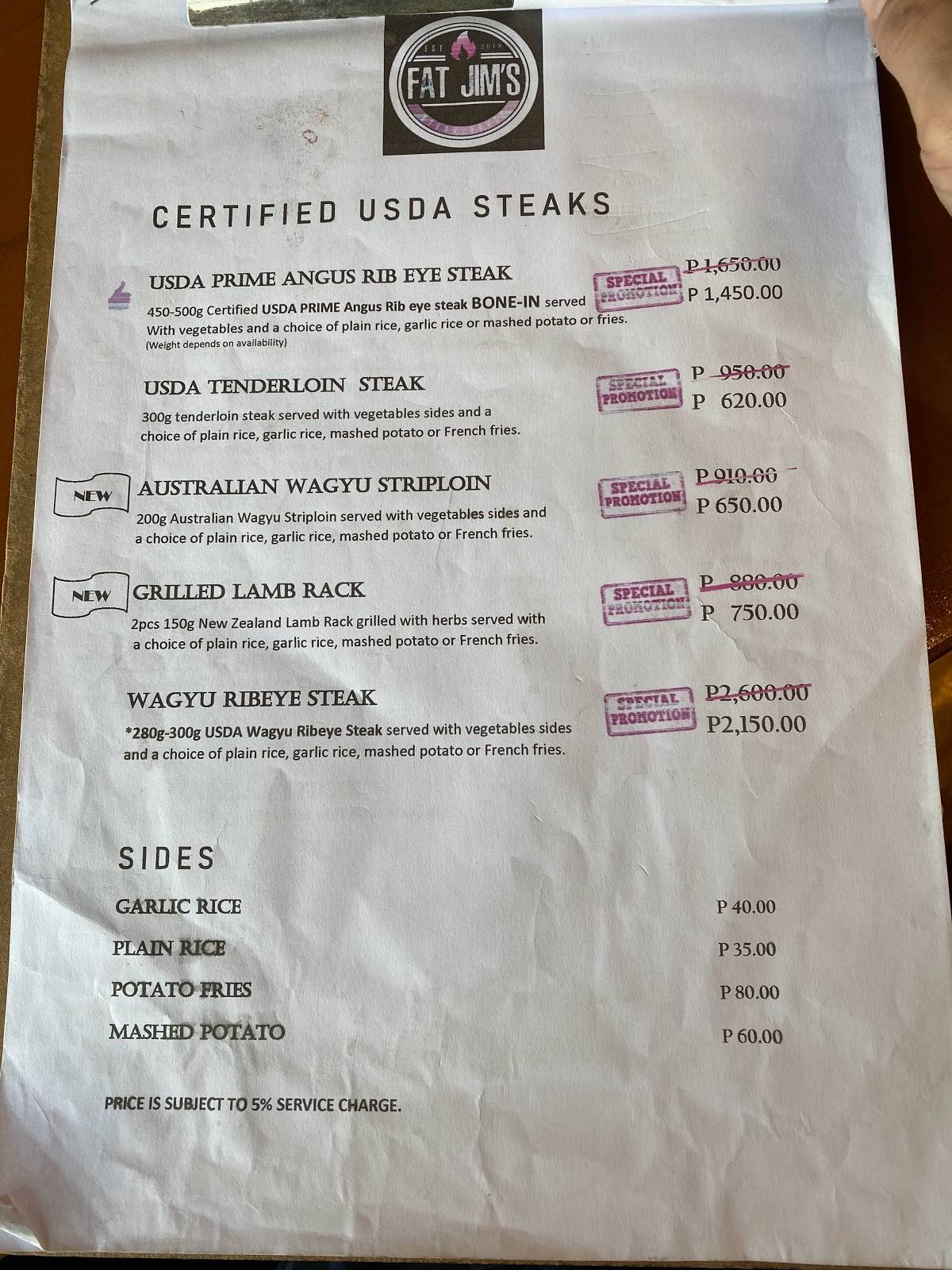 Menu at Fat Jim's Steak House steakhouse, Mandaue City