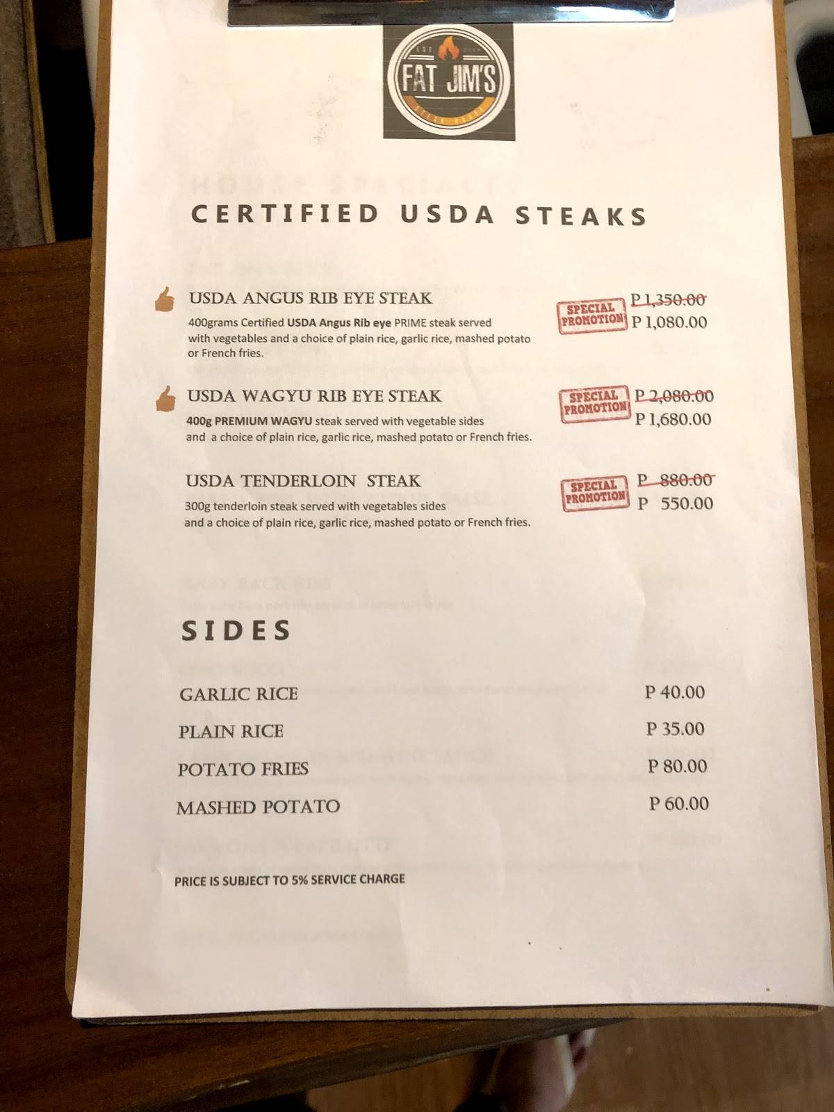 Menu at Fat Jim's Steak House steakhouse, Mandaue City