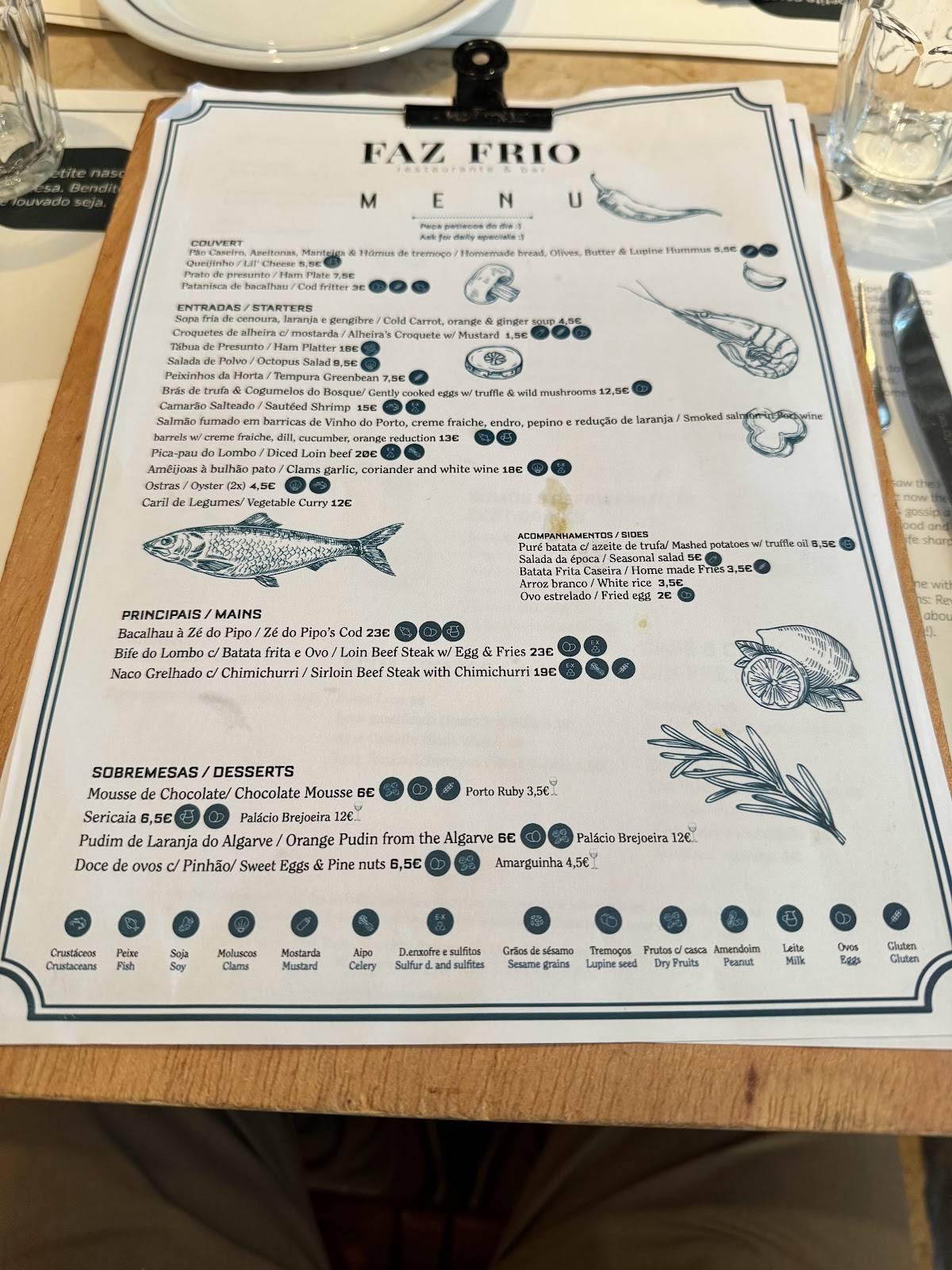 Menu at Faz Frio restaurant, Lisbon