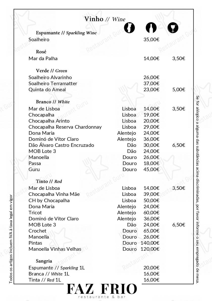 Carta del restaurante Faz Frio, Lisboa