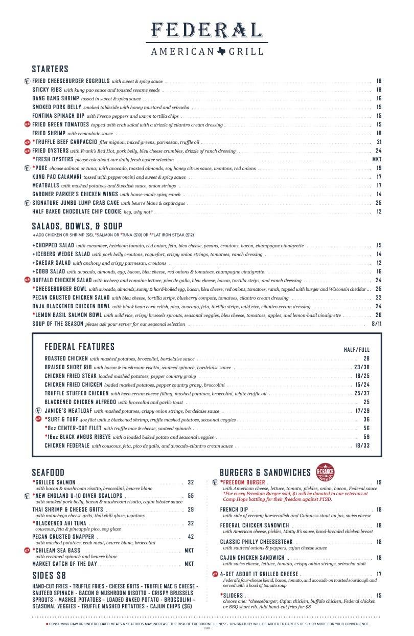 Menu at Federal American Grill pub & bar, Katy
