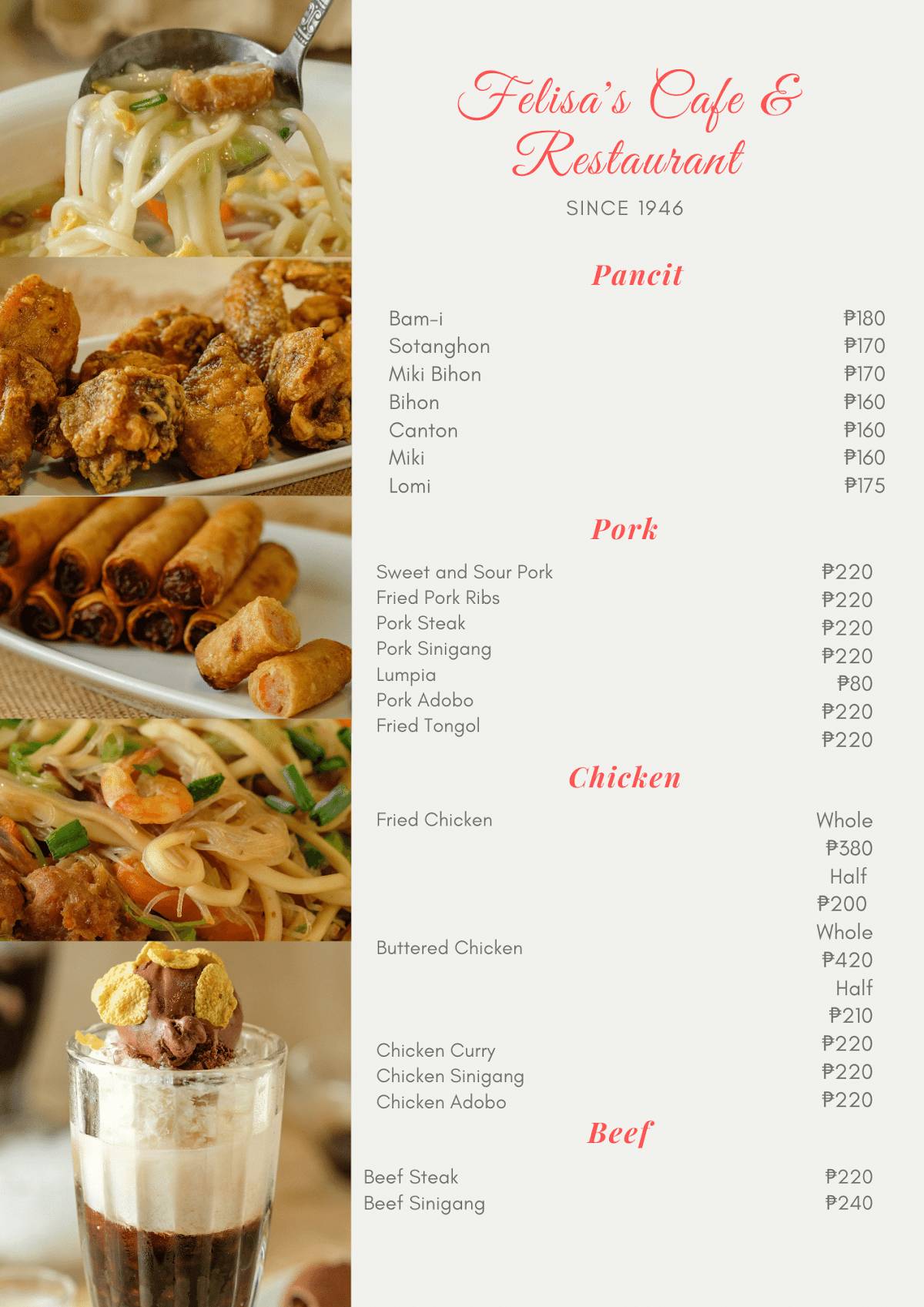 Menu at Felisa's Cafe & Restaurant, Tacloban City, Justice Romualdez St