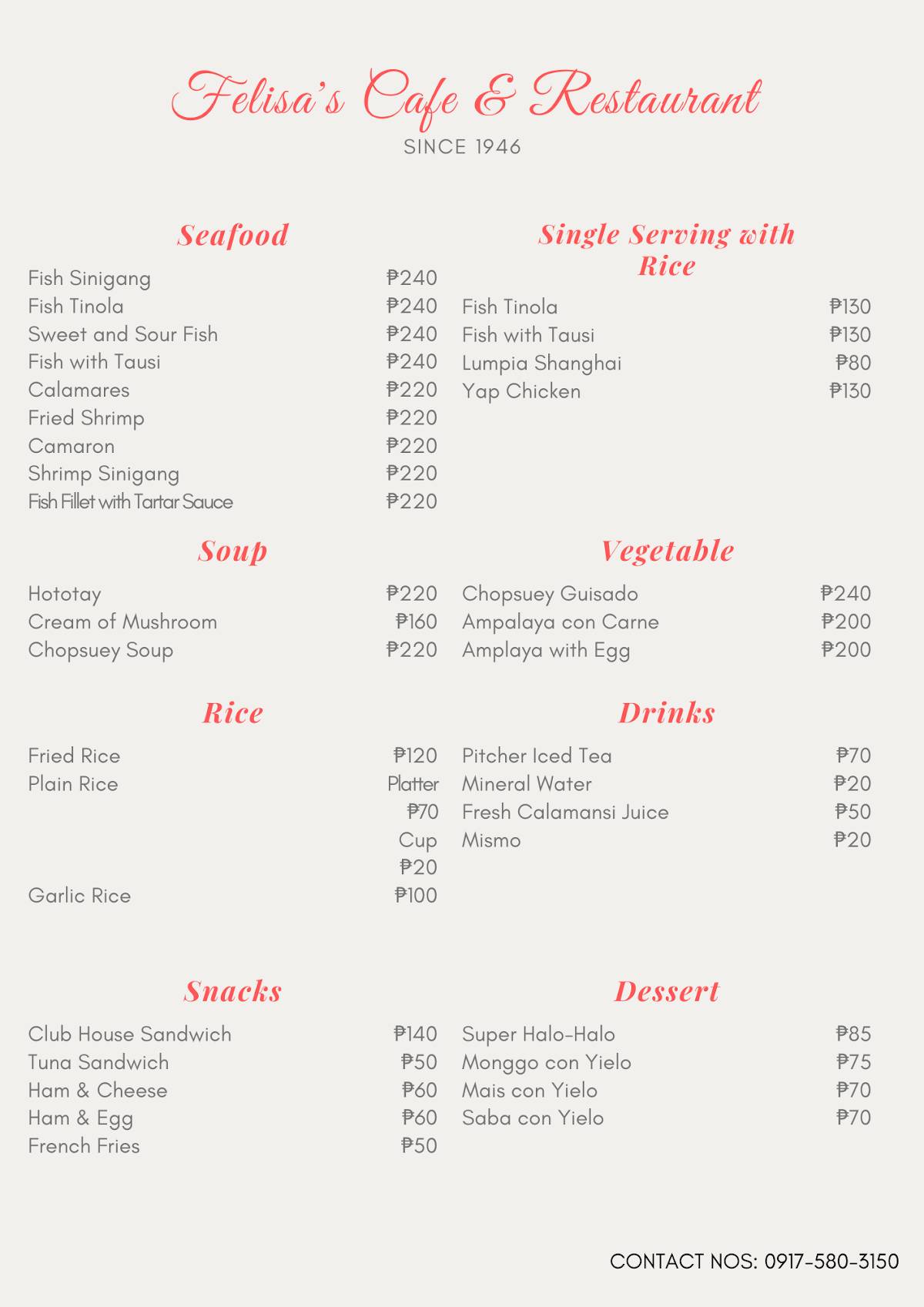 Menu at Felisa's Cafe & Restaurant, Tacloban City, Justice Romualdez St