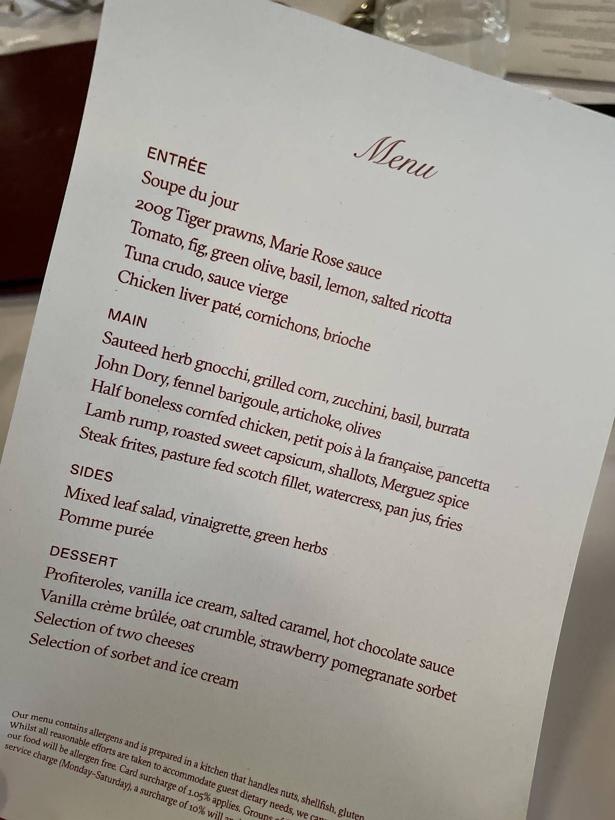 Menu at Felix restaurant, Sydney, 2 Ash St