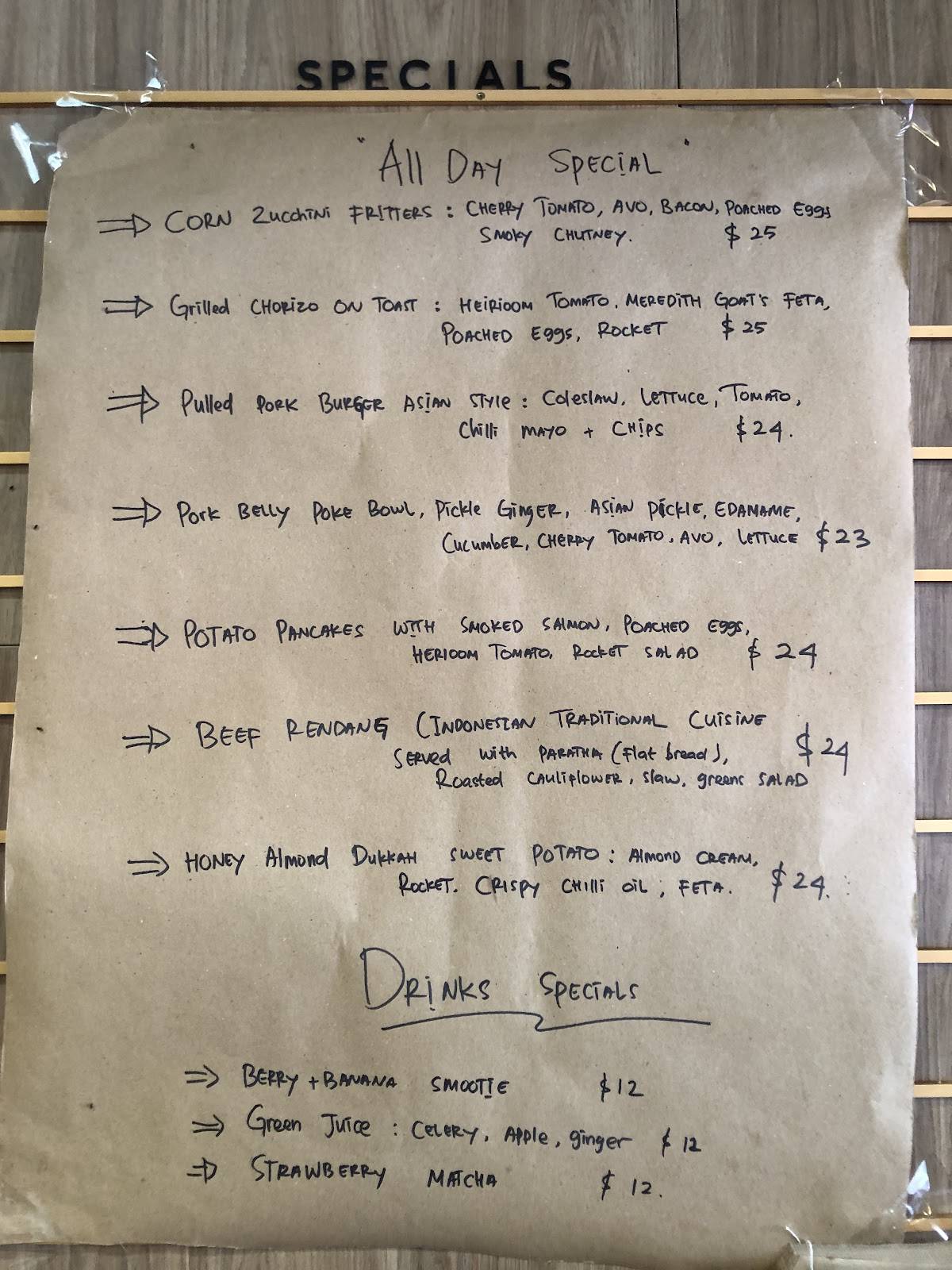 Menu at Fermento Bakery, Bowral