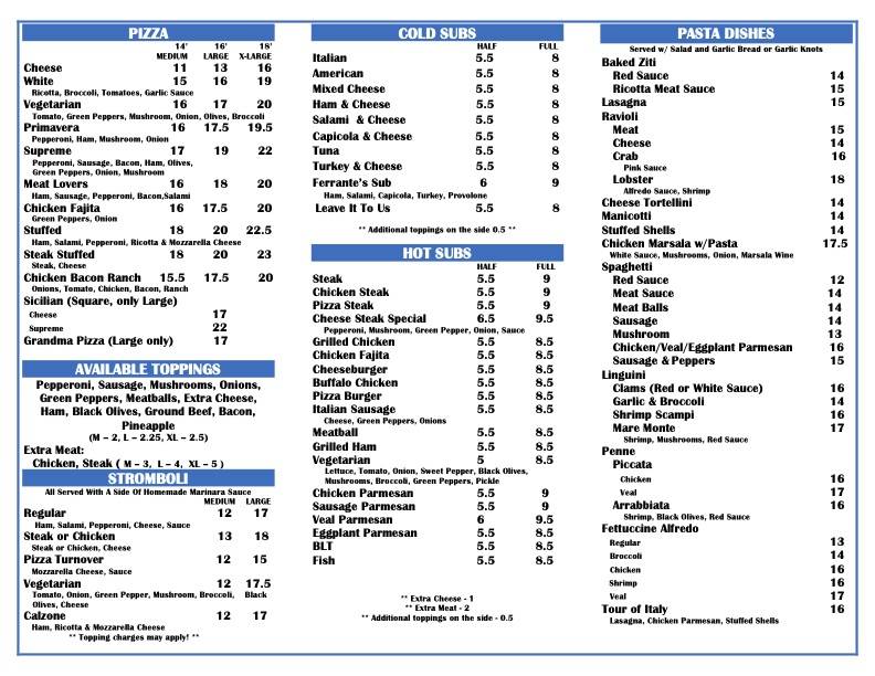 Menu at Mazzone’s Pizza restaurant, Dillsburg