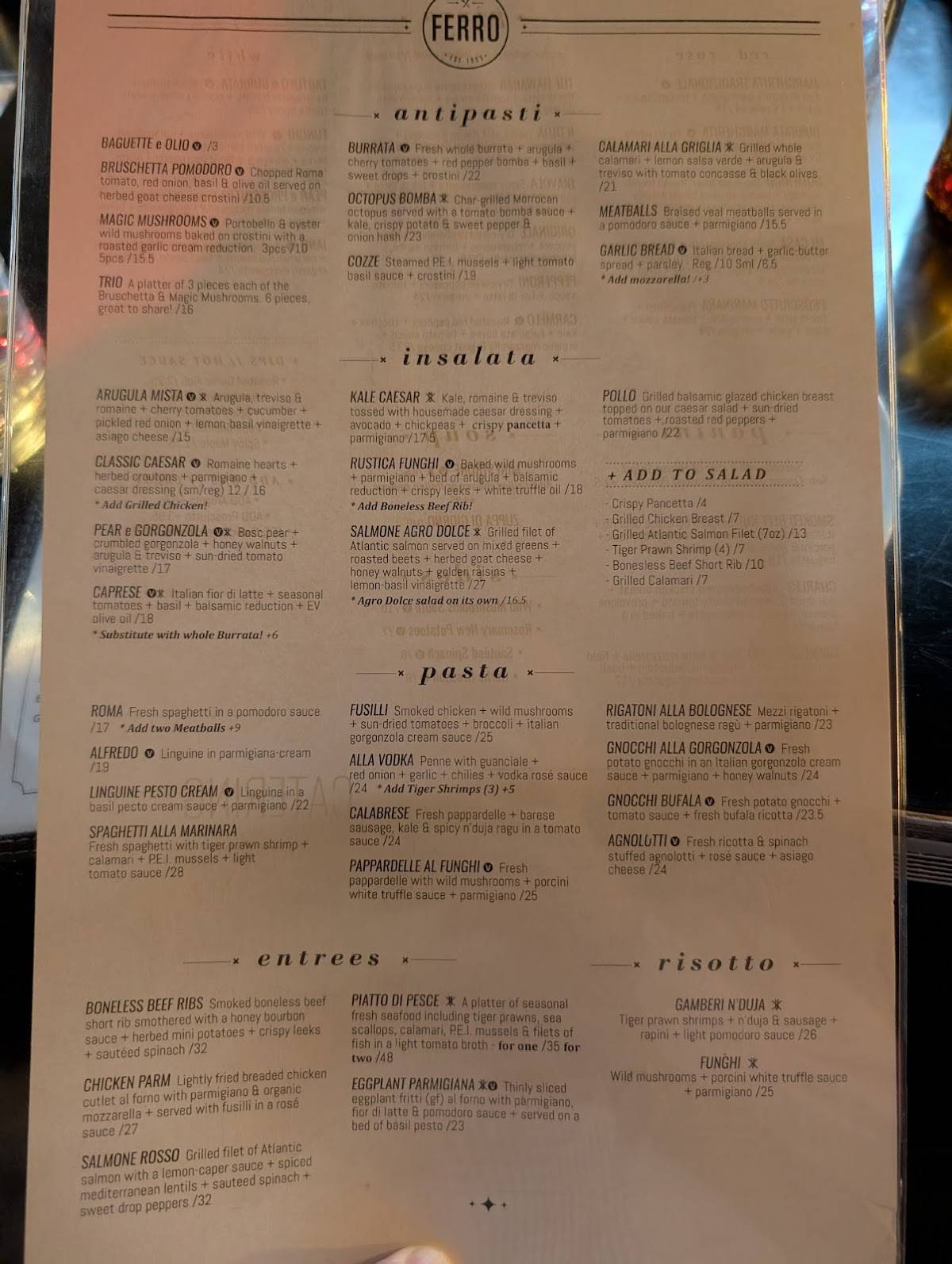 Menu au Ferro Bar & Cafe, Toronto