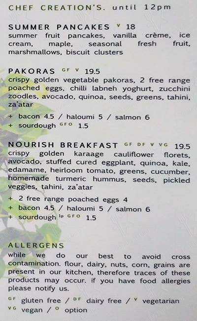 Menu at Fiddle Leaf cafe, Bulimba