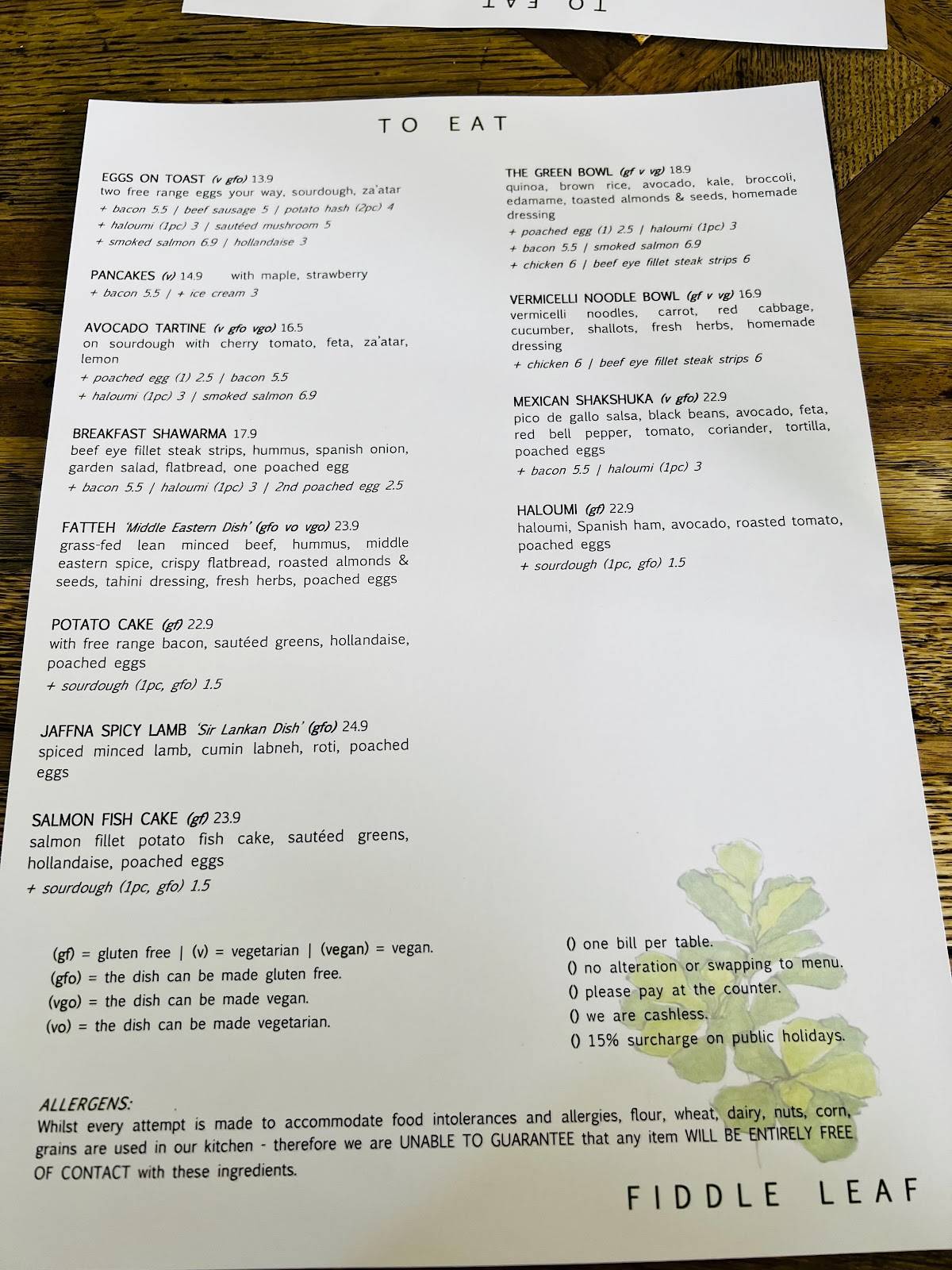 Menu at Fiddle Leaf cafe, Bulimba