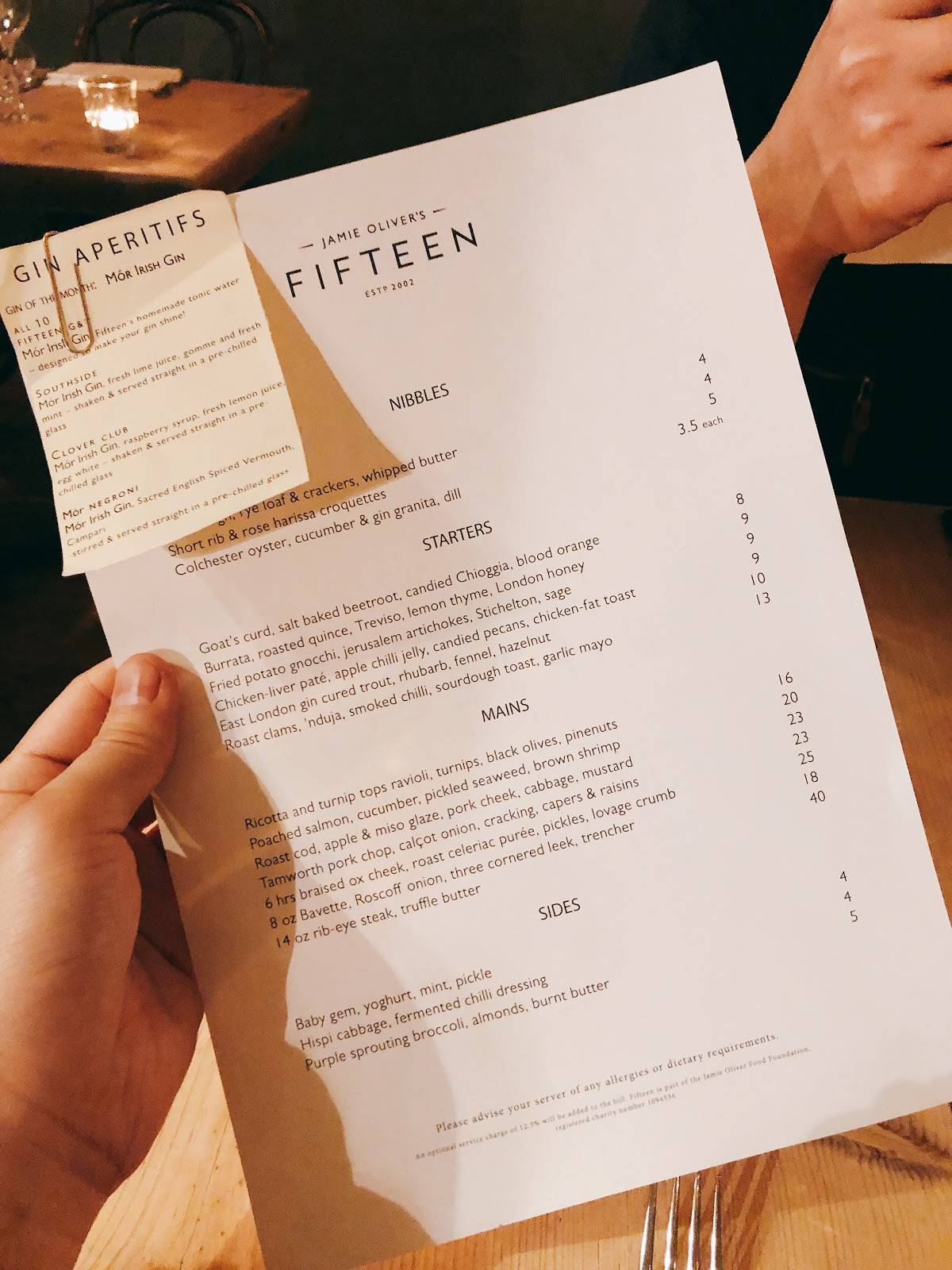 Menu at Fifteen restaurant, London