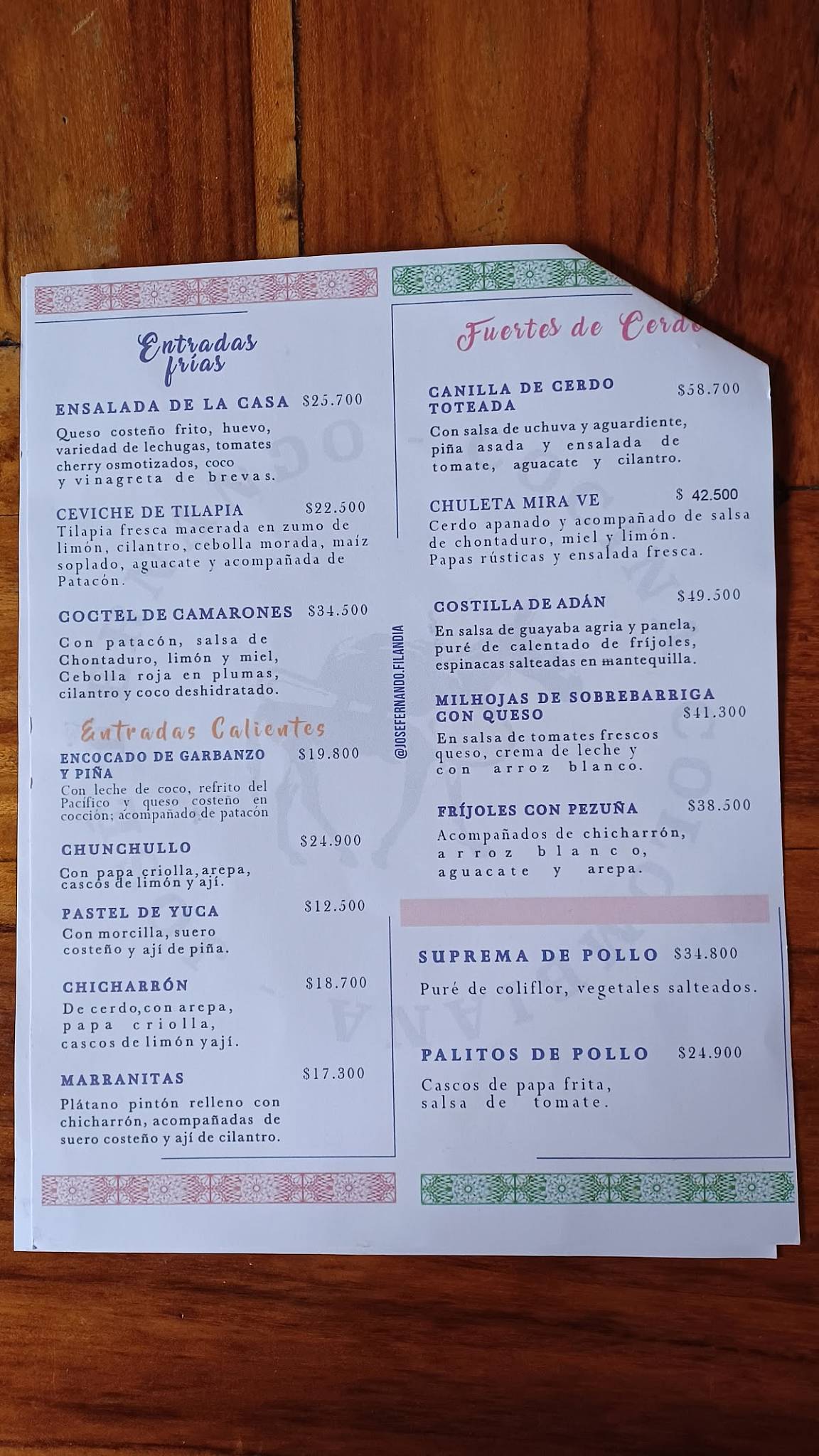 Menu at Restaurante José Fernando, Filandia