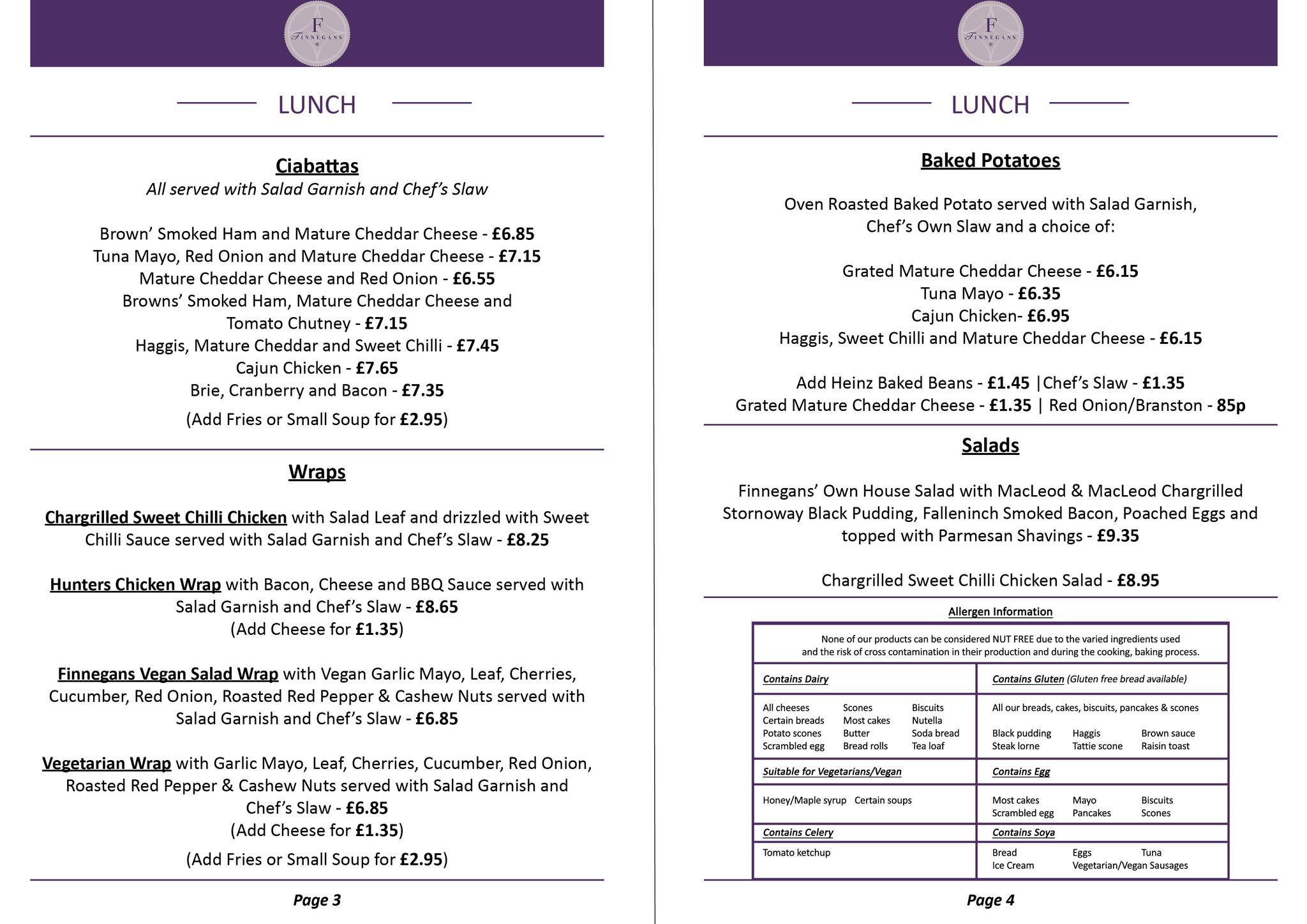 Menu at Finnegans cafe, Falkirk, 45 Vicar St